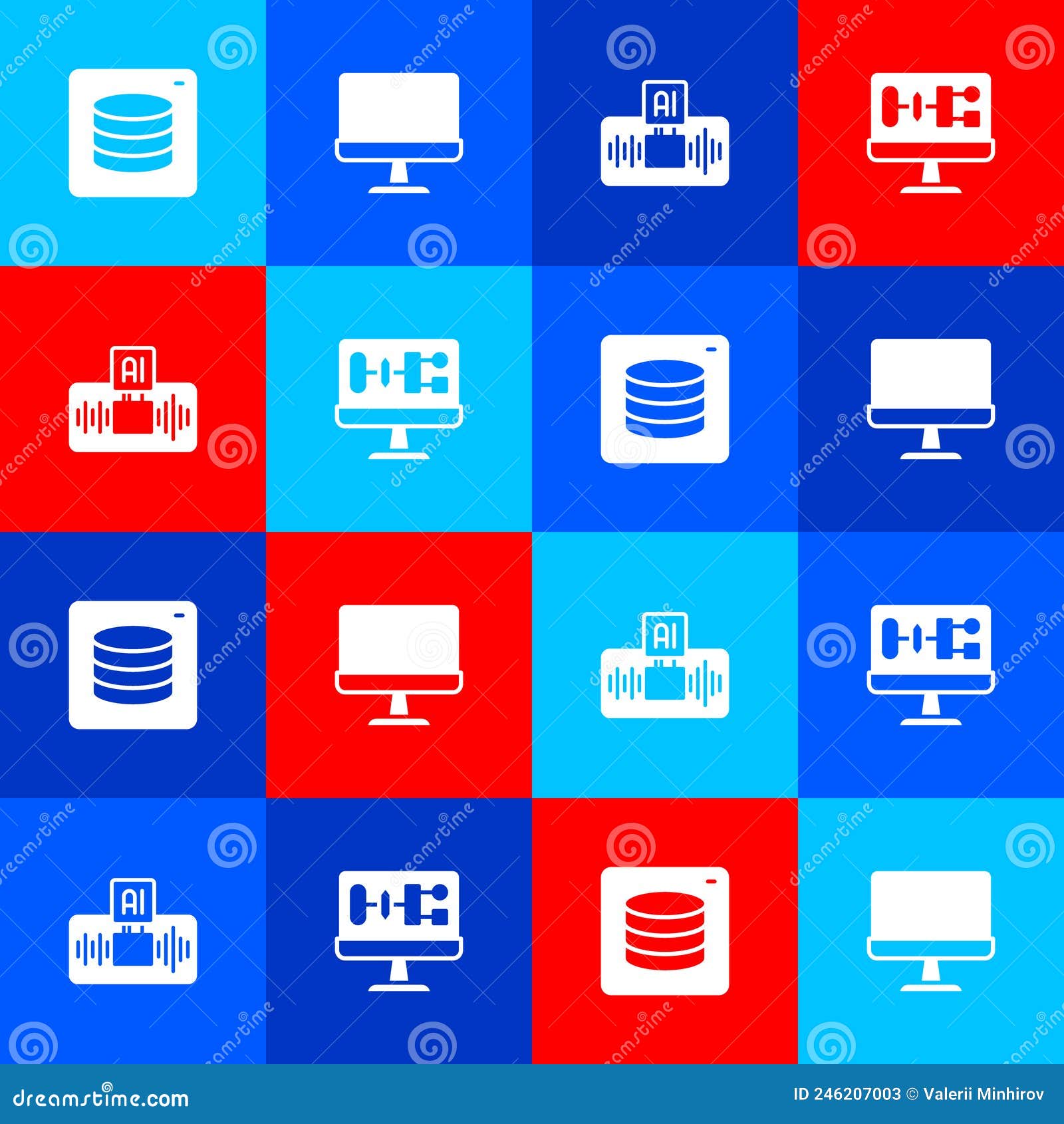 Set Server, Data, Computer Monitor, Artificial Intelligence AI and Algorithm Icon. Vector Stock ...