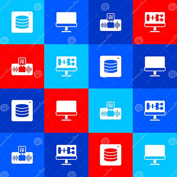 Set Server, Data, Computer Monitor, Artificial Intelligence AI and Algorithm Icon. Vector Stock ...
