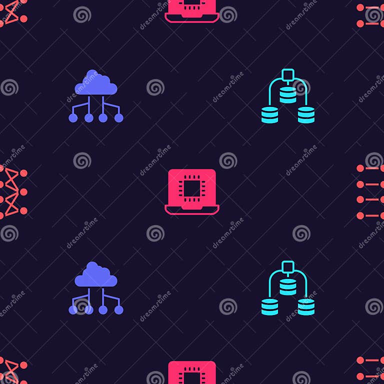Set Server, Data, Network Cloud Connection, Processor CPU and Neural Network on Seamless Pattern ...