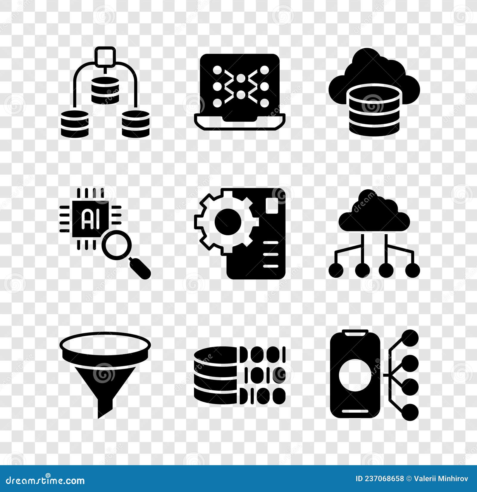 Set Server Data Neural Network Cloud Database Funnel Filter Binary Code Processor Cpu And