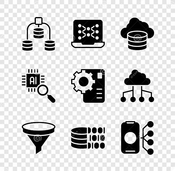 Set Server, Data, Neural Network, Cloud Database, Funnel Filter, Binary Code, Processor CPU and ...