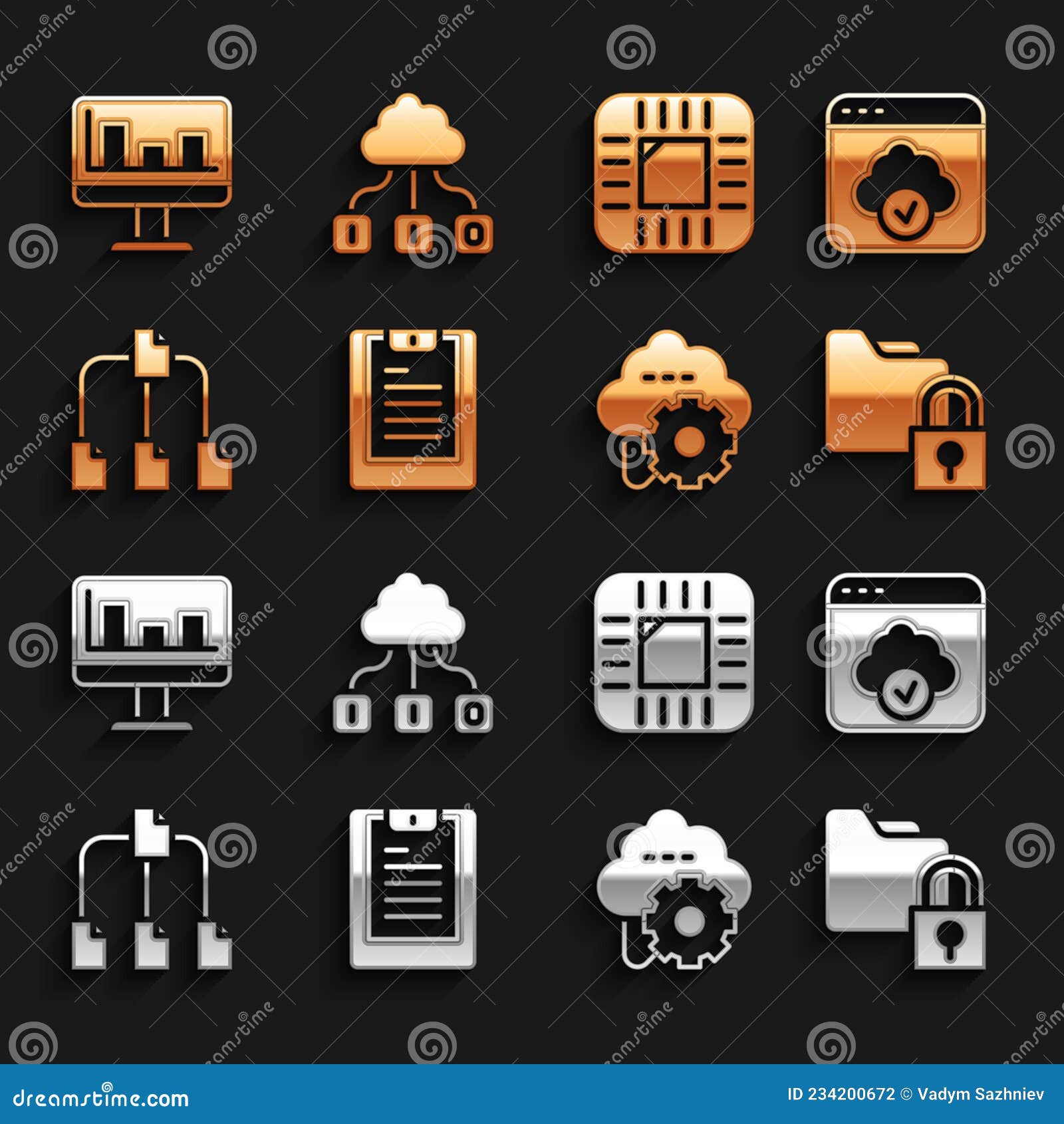 Set Server, Data Report, Cloud Technology Data Transfer, Folder and Lock, Tree, Processor with ...