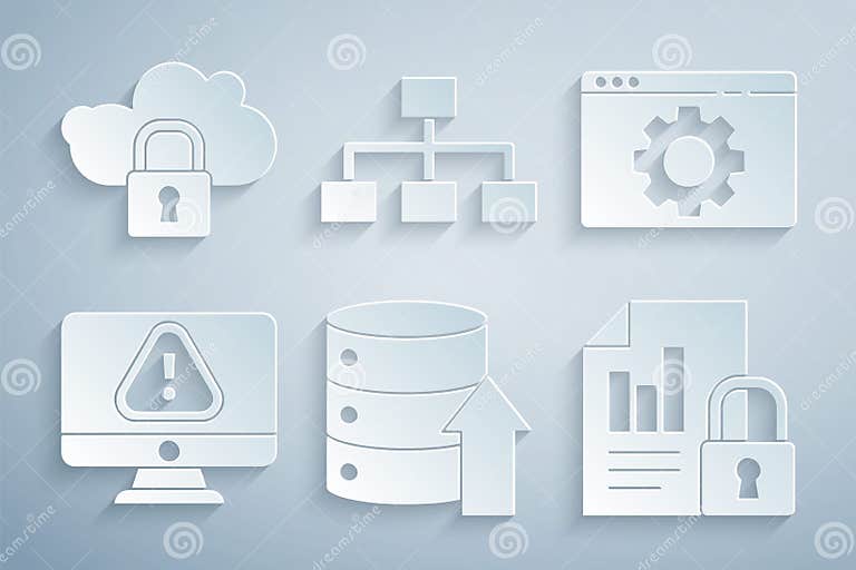 Set Server, Data, Web Hosting, Browser Setting, Monitor with Exclamation Mark, Document and Lock ...