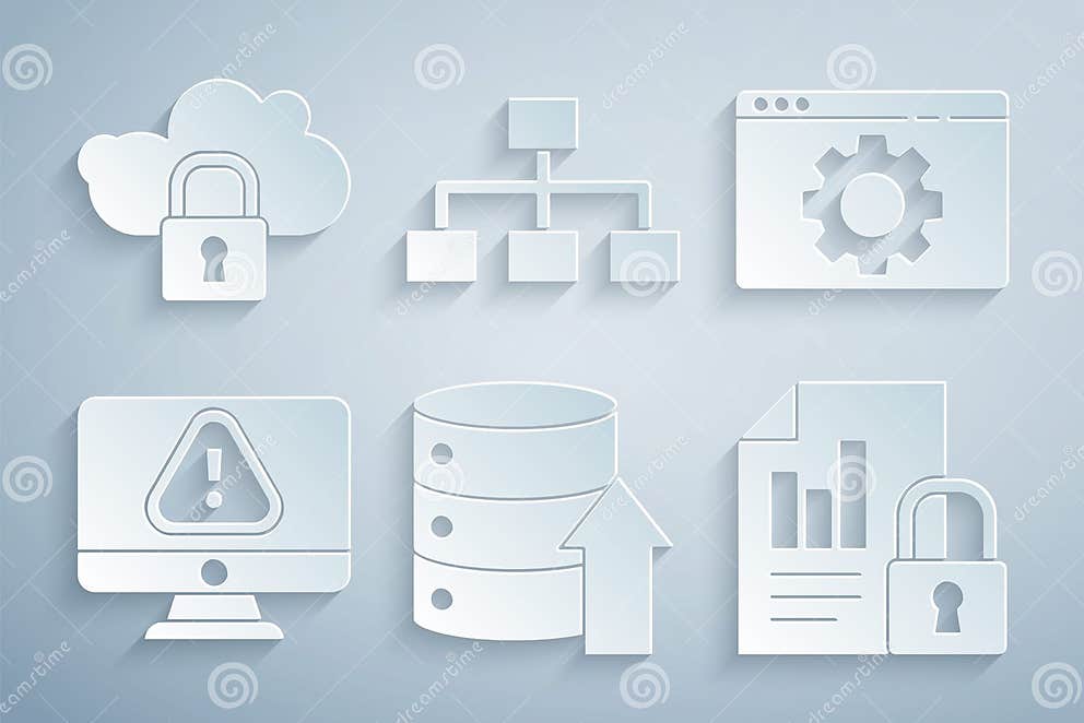 Set Server Data Web Hosting Browser Setting Monitor With Exclamation Mark Document And Lock