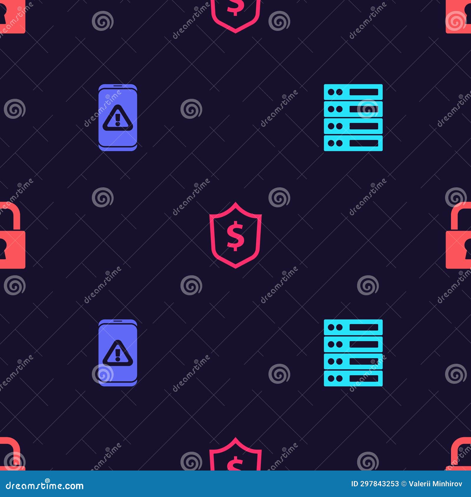 Set Server, Data, Web Hosting, Mobile with Exclamation Mark, Shield Dollar and Lock on Seamless ...