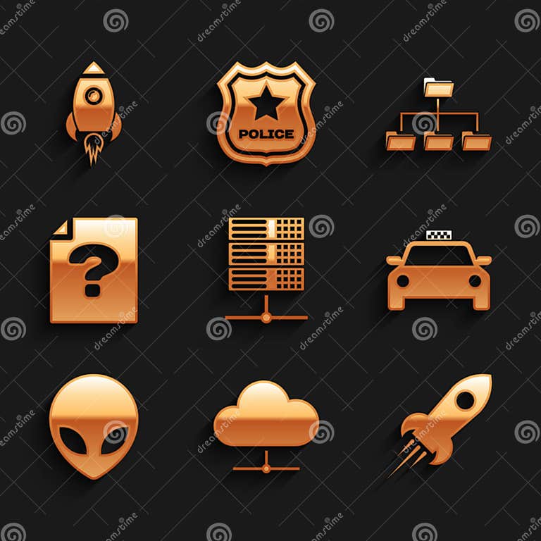 Set Server, Data, Web Hosting, Network Cloud Connection, Rocket Ship with Fire, Taxi Car, Alien ...