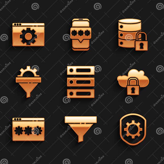 Set Server, Data, Web Hosting, Sales Funnel, Shield with Settings Gear, Cloud Computing Lock ...