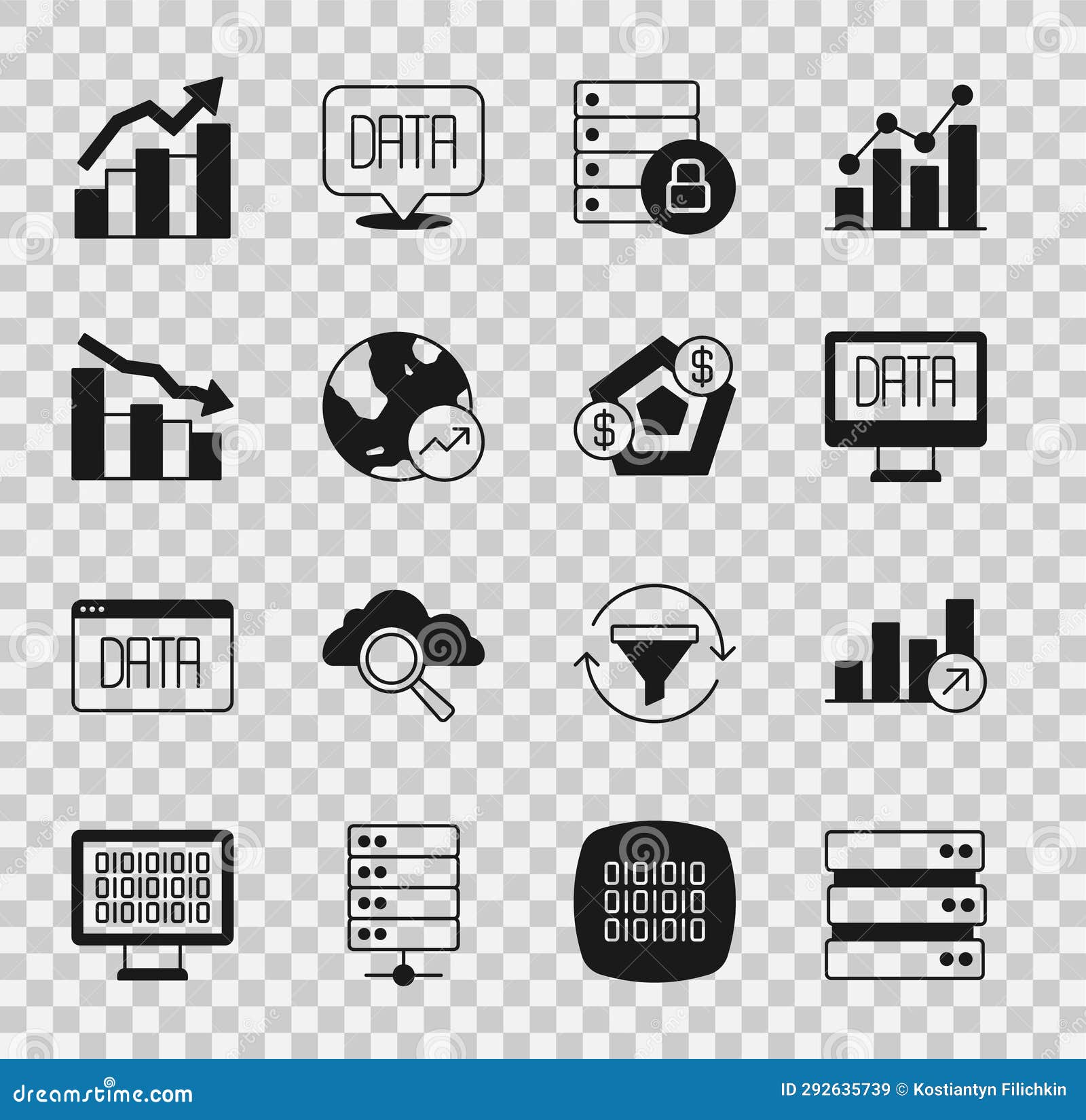 Set Server, Financial Growth, Data Analysis, Security with Padlock, Decrease, and Icon. Vector ...