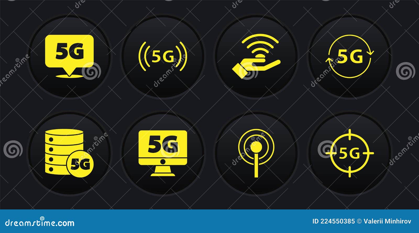 Set Server 5G Network, Monitor With, Antenna, And Location Icon. Vector ...