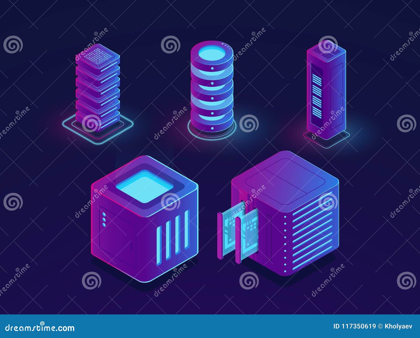 Set of Server Room Icons, Data Center and Database, Futuristic Data ...