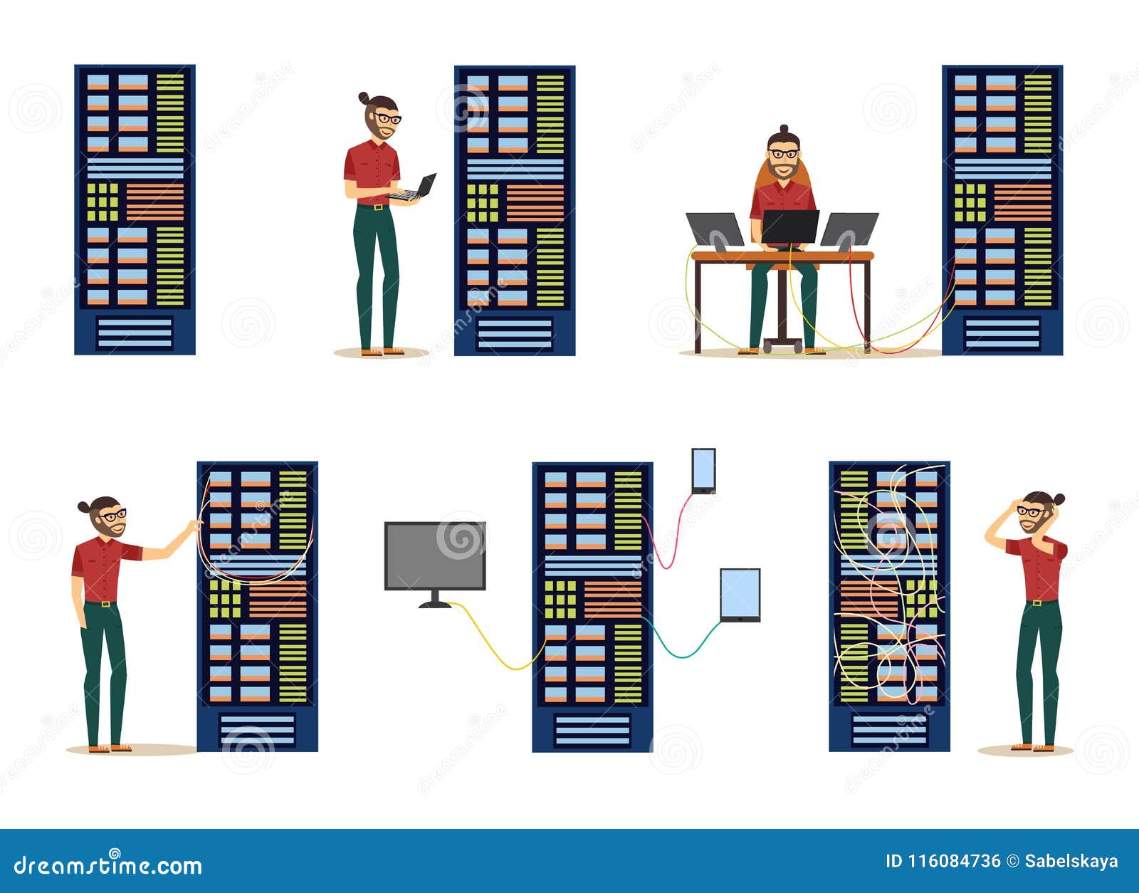 Set of Server Room Images with Data Center and Young System ...