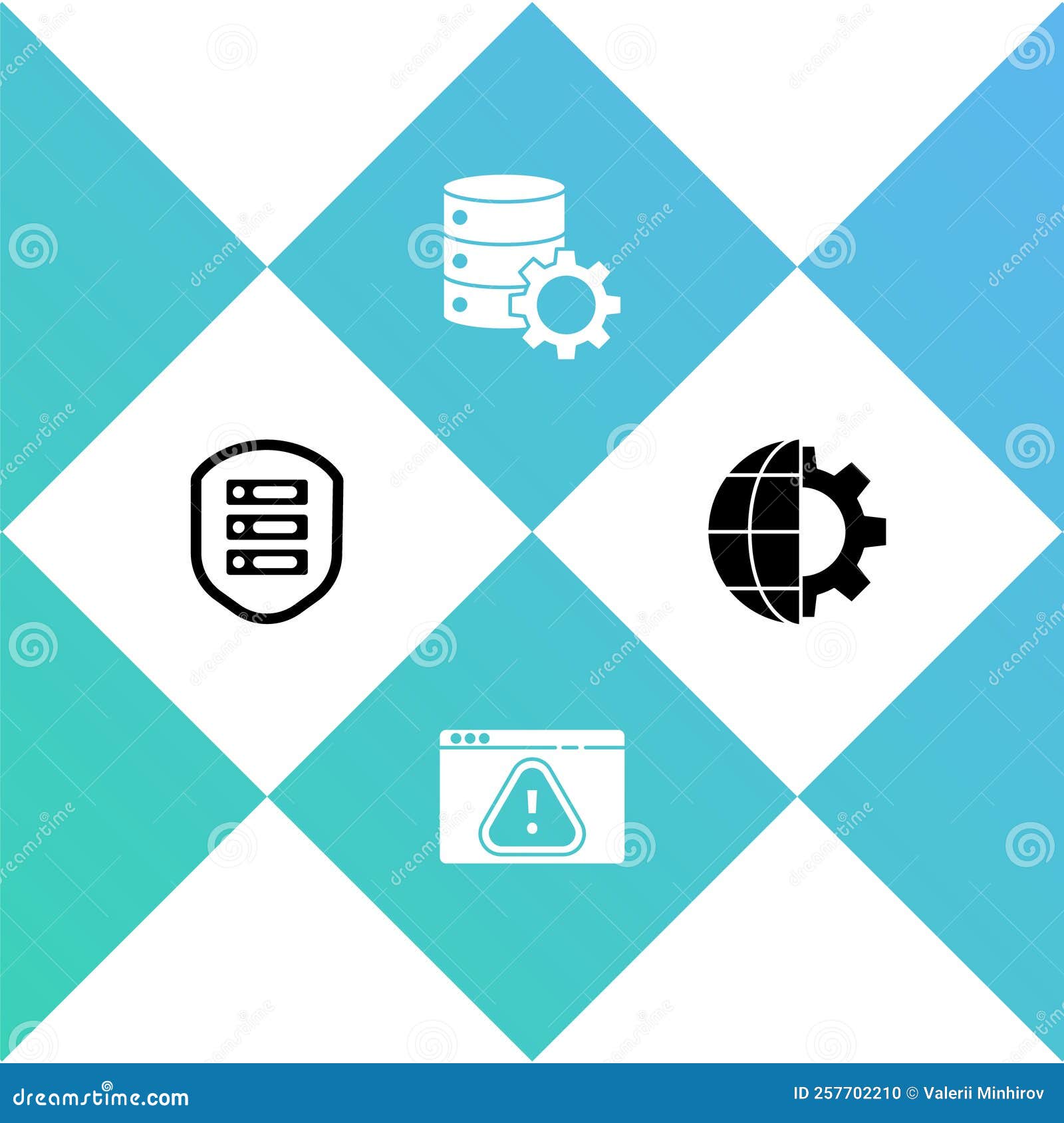 Set Server with Shield, Browser Exclamation Mark, and Gear and Globe of ... Set Server with Shield, Browser Exclamation Mark, and Gear and Globe of ...