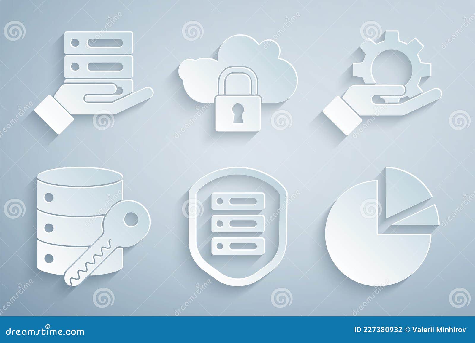 Set Server with Shield, Hand Settings Gear, Security Key, Pie Chart Infographic, Cloud Computing ...