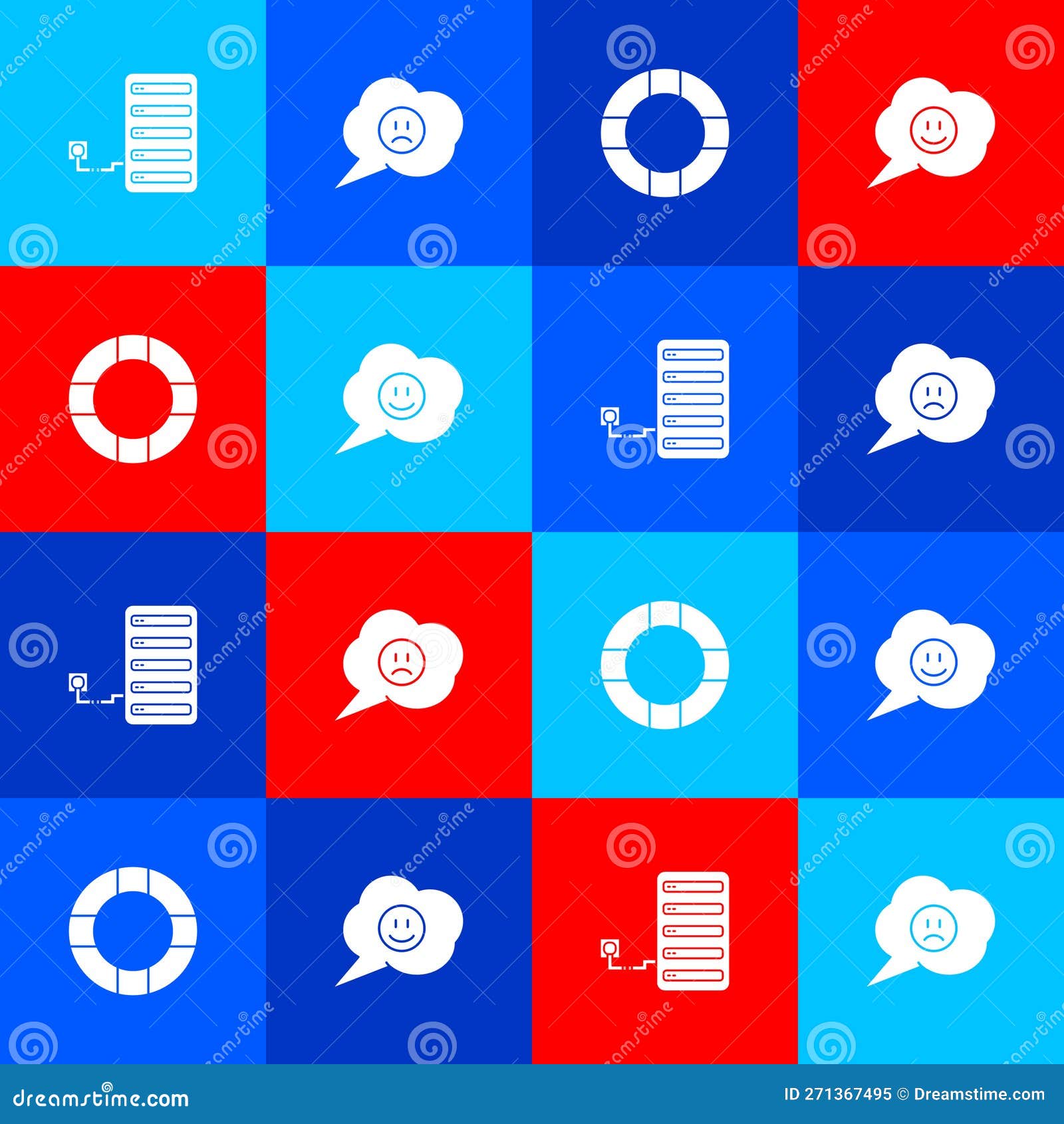 Set Server, Speech Bubble with Sad Smile, Lifebuoy and Face Icon ...