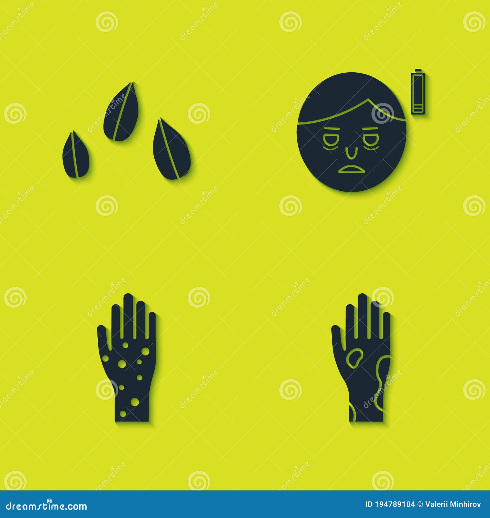 Set Sesame Seeds, Hand with Psoriasis or Eczema, and Fatigue Icon ...