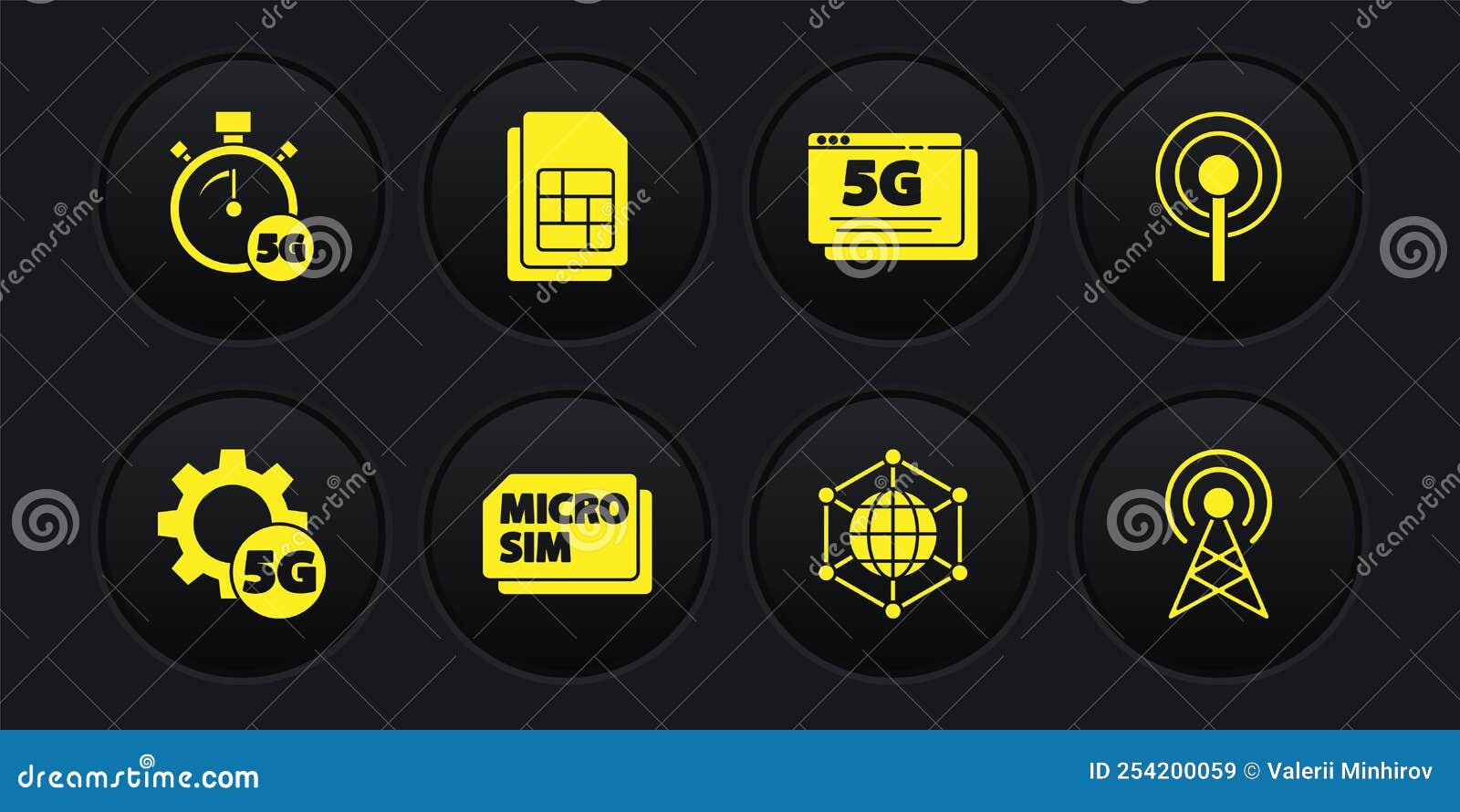 Set Setting 5G Network, Antenna, Micro Sim Card, Social, Card, and ...