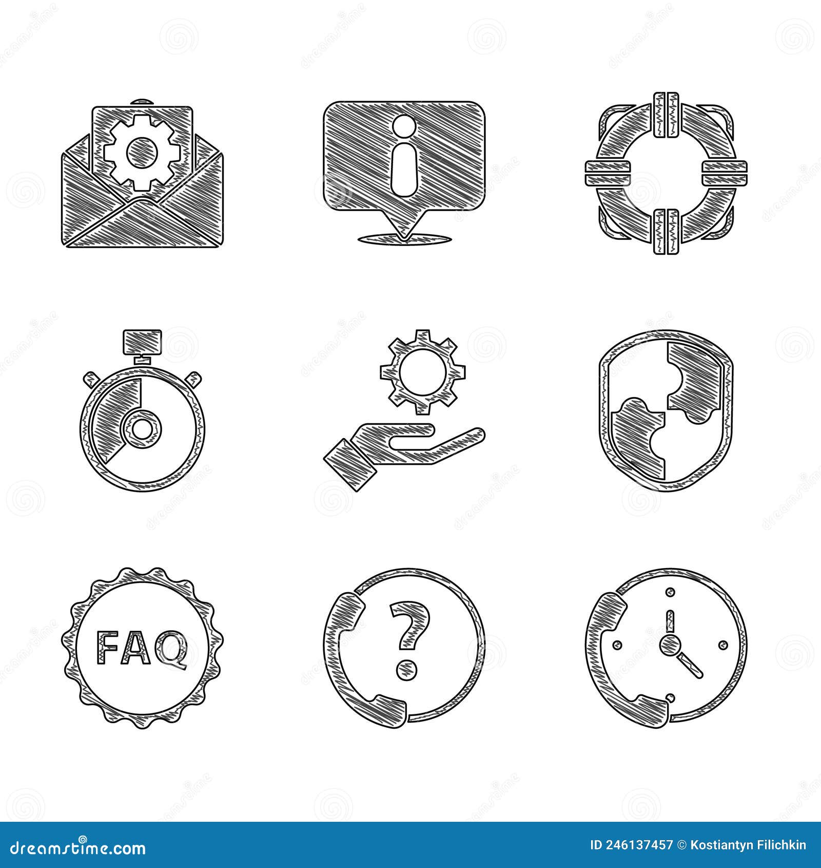 Set Settings in the Hand, Telephone 24 Hours Support, Shield, Label with Text FAQ, Stopwatch ...