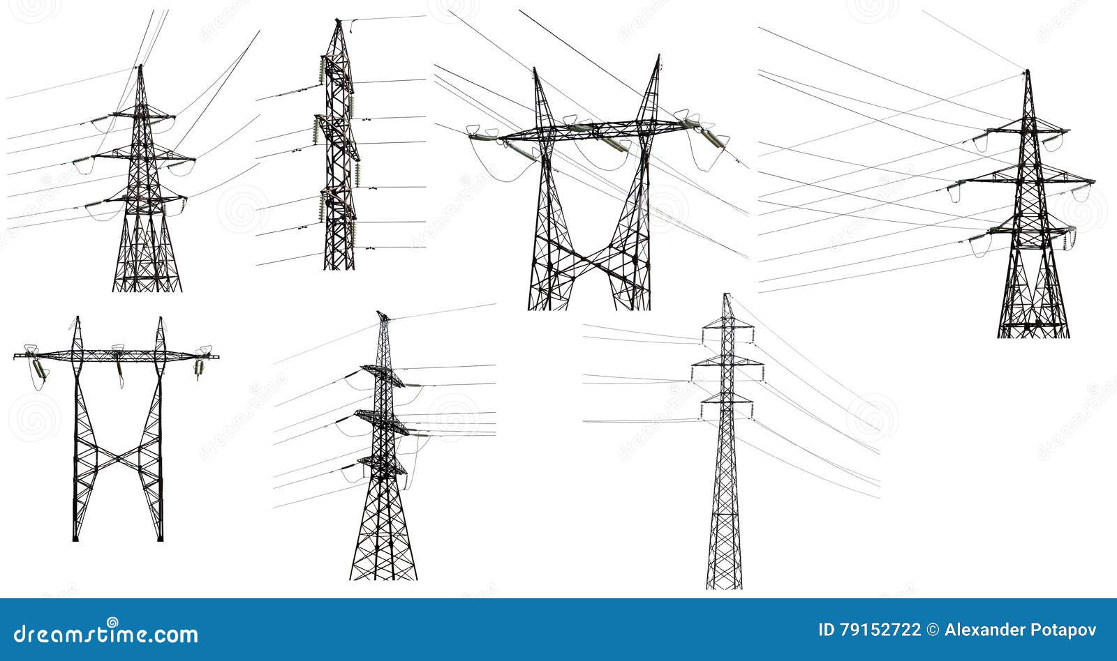Set of Seven Electrical Pylons Isolated on White Stock Photo - Image of ...