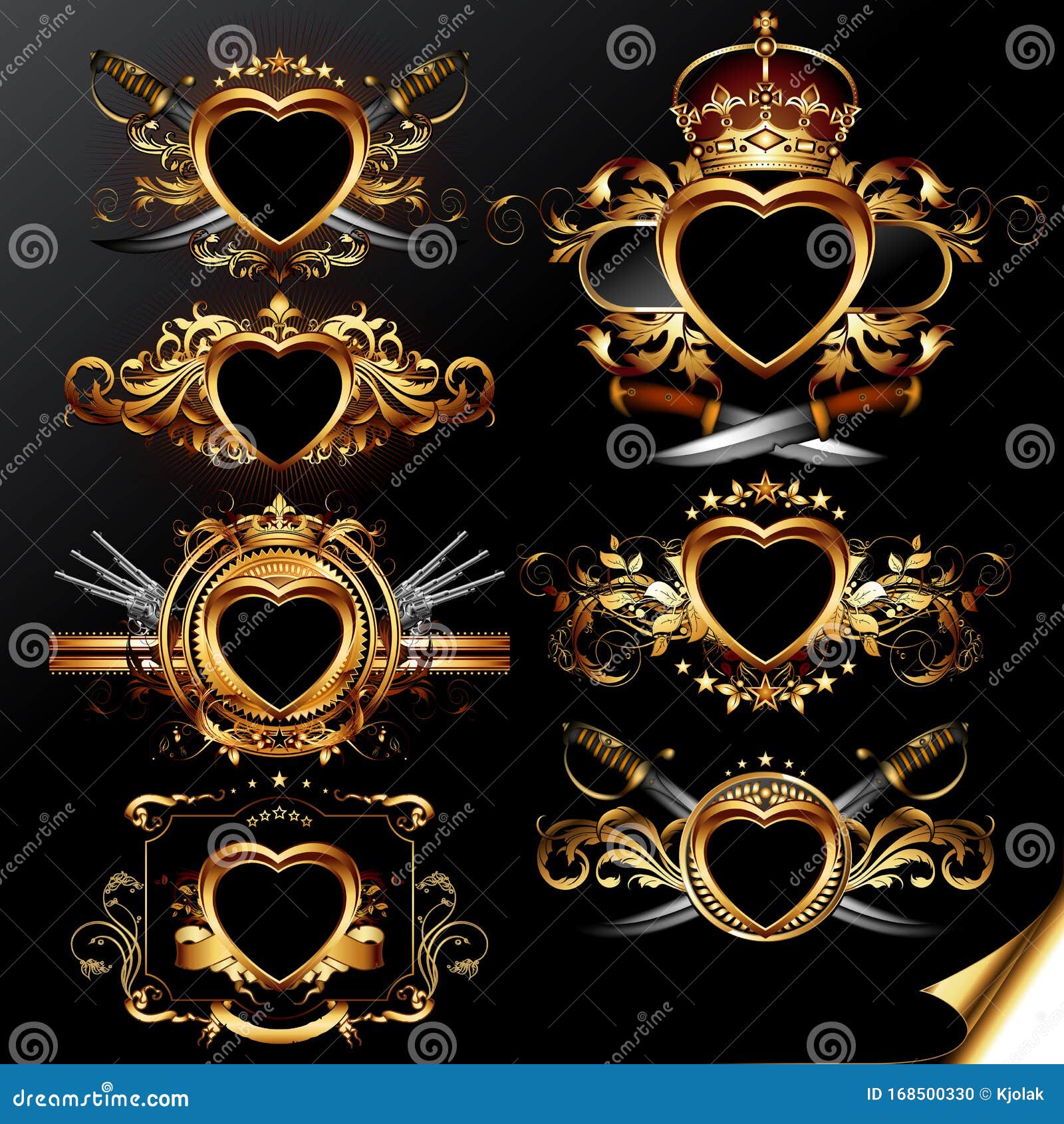 Set of Medieval Shields in the Shape of a Heart on a Black Background ...