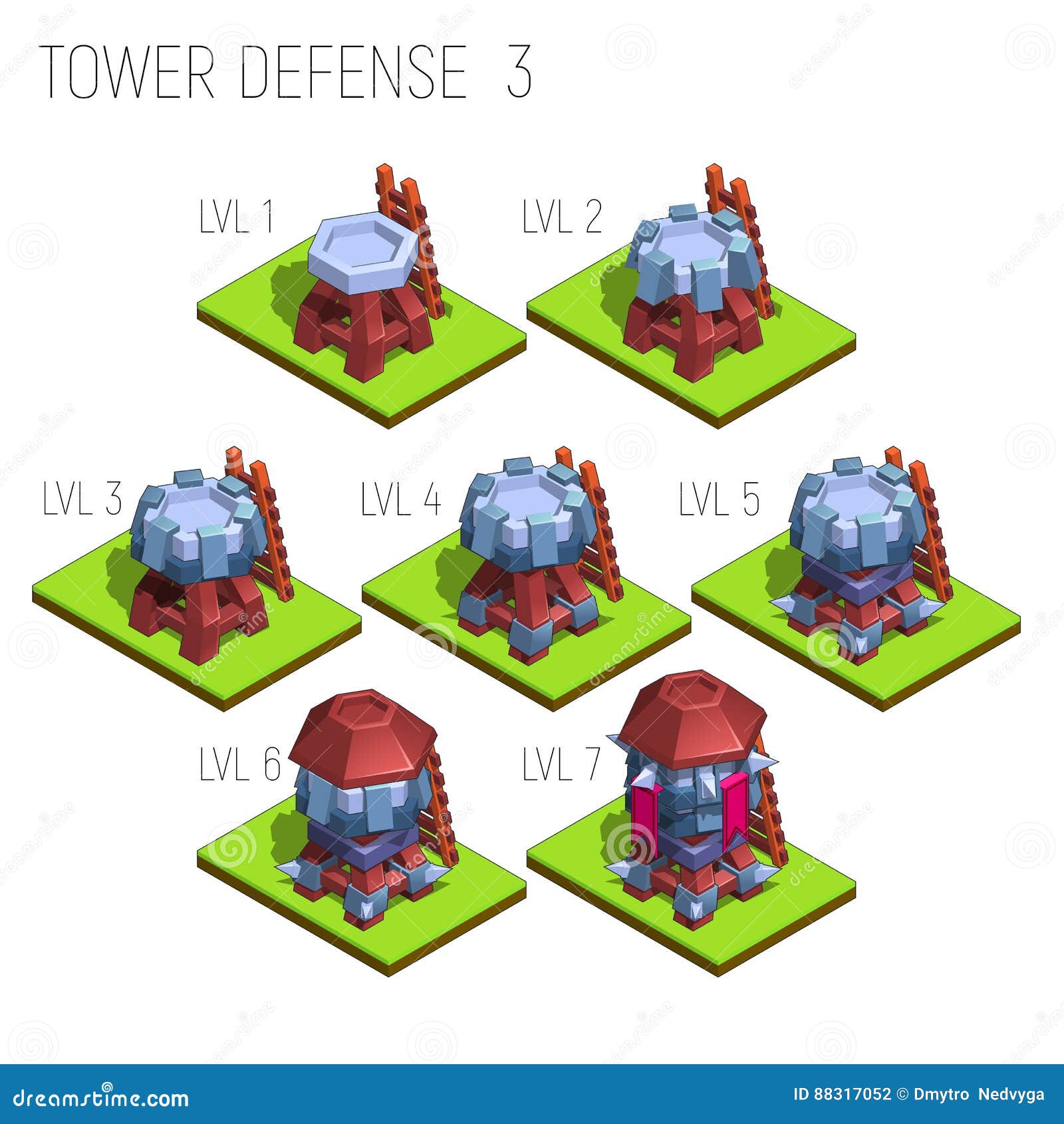 Set of Seven Isometric Medieval Tower Defense for Game Isolated on ...