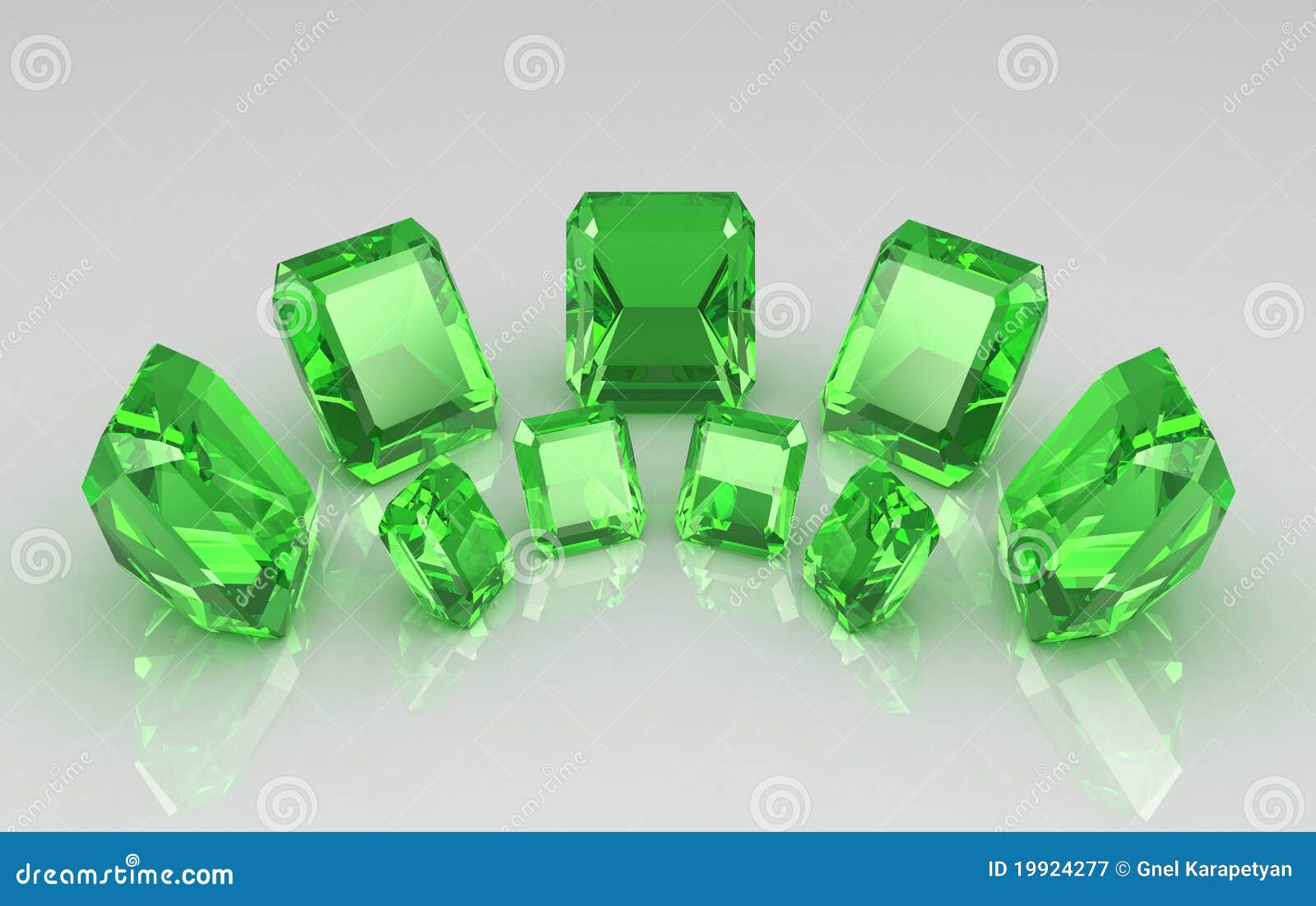 Set of Seven Round Emerald on Glossy Surface Stock Illustration ...