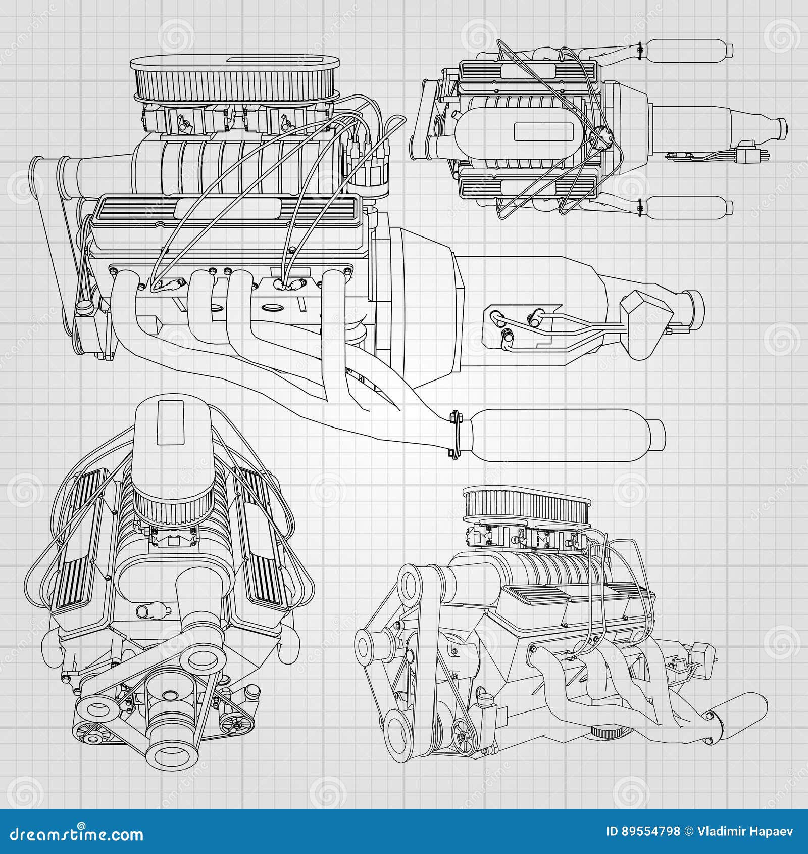 A Set of Several Types of Powerful Car Engine. the Engine is Drawn with ...