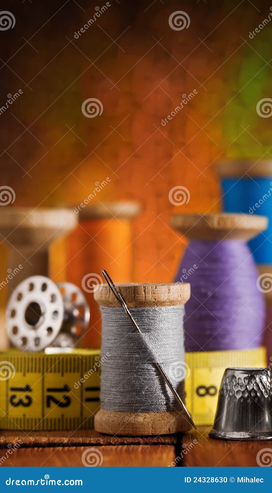 Set of Sewing Items on Wooden Table Stock Photo - Image of measure ...