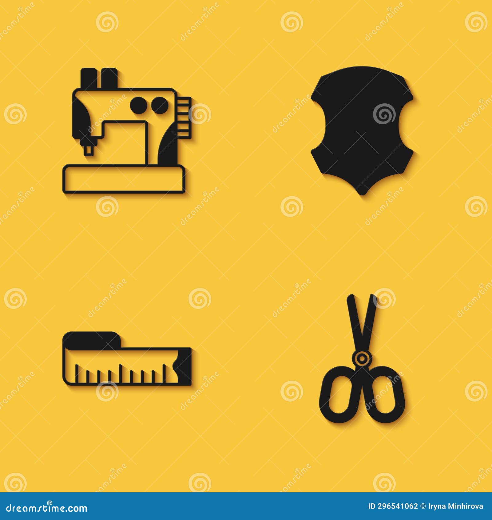 Set Sewing Machine, Scissors, Tape Measure and Leather Icon with Long ...