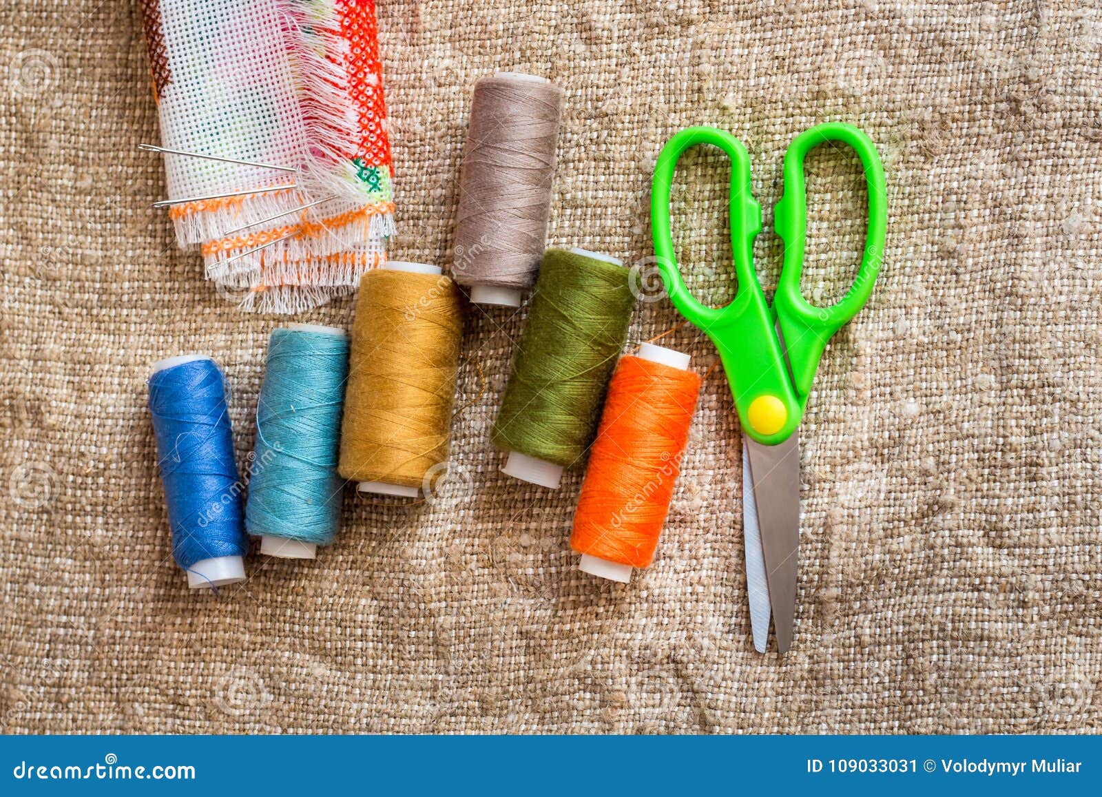 Set for Sewing: Scissors, Multi-colored Threads, Needles, Fabric Stock ...