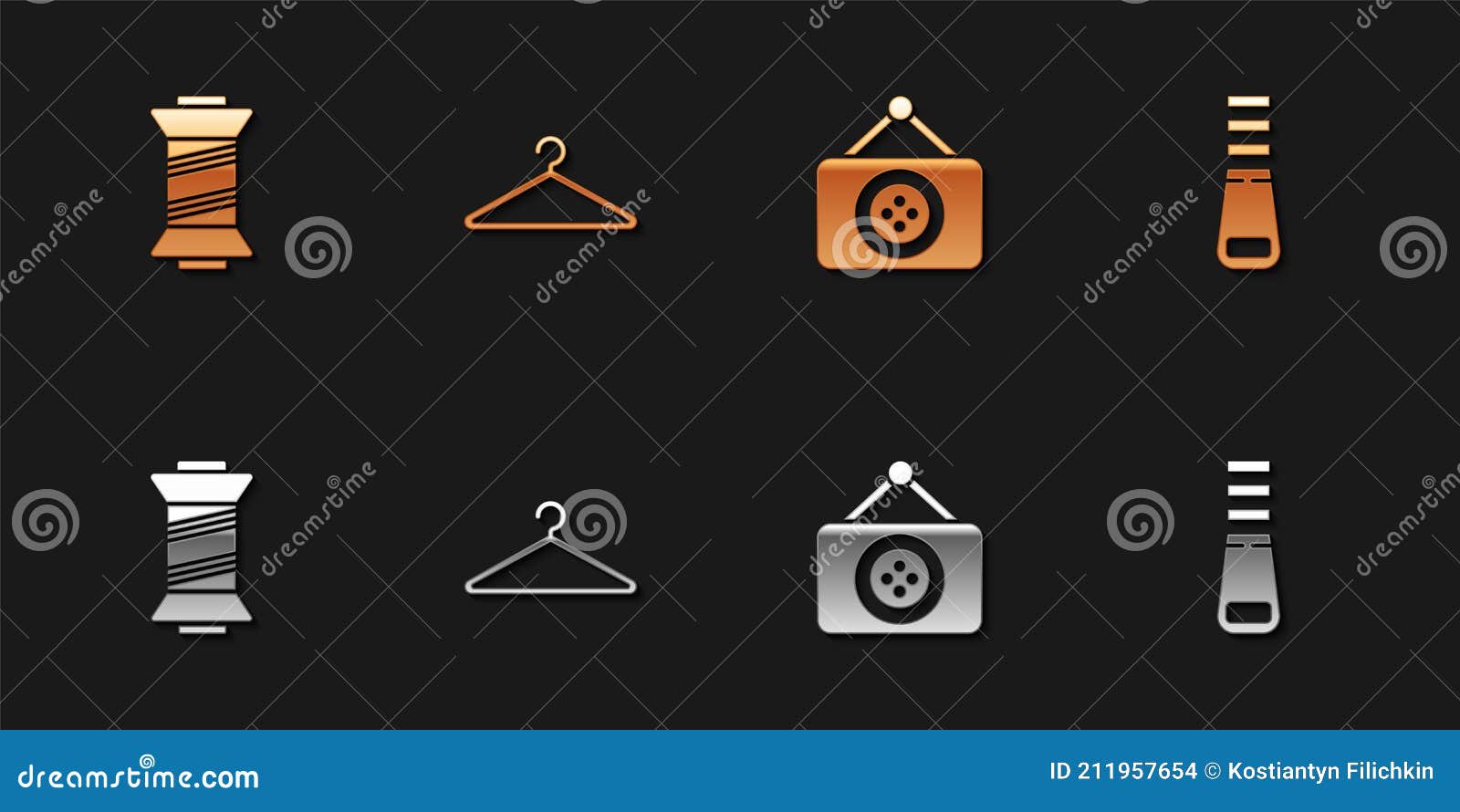 Set Sewing Thread, Hanger Wardrobe, Tailor Shop and Zipper Icon. Vector ...