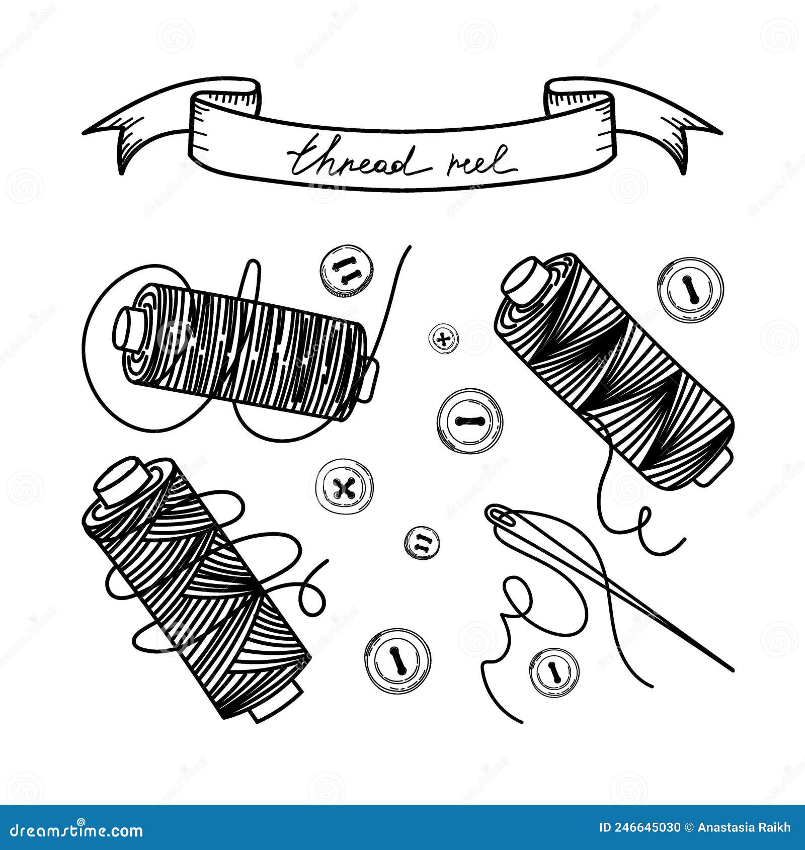 Set of Sewing Threads, Hand-drawn Doodles in Sketch Style. Bobbin of ...