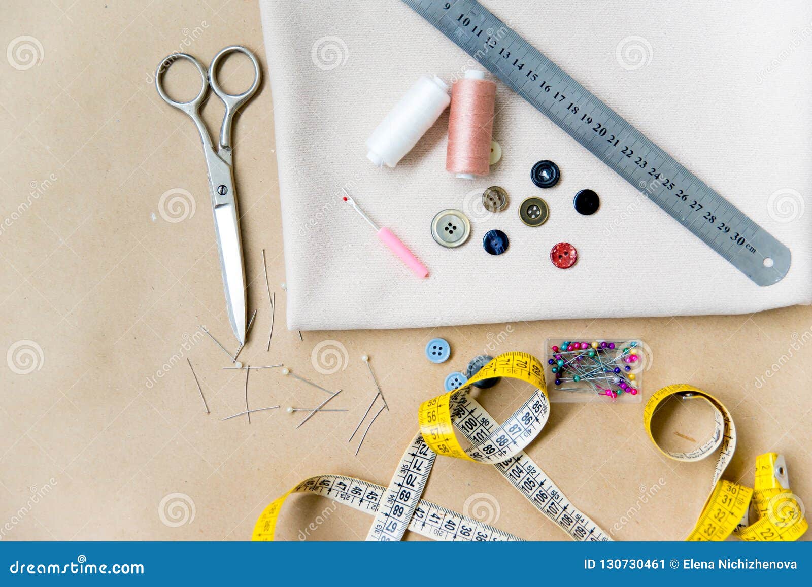 Set of Sewing Tools - Scissors, Needles, Buttons, Thread on a Table ...