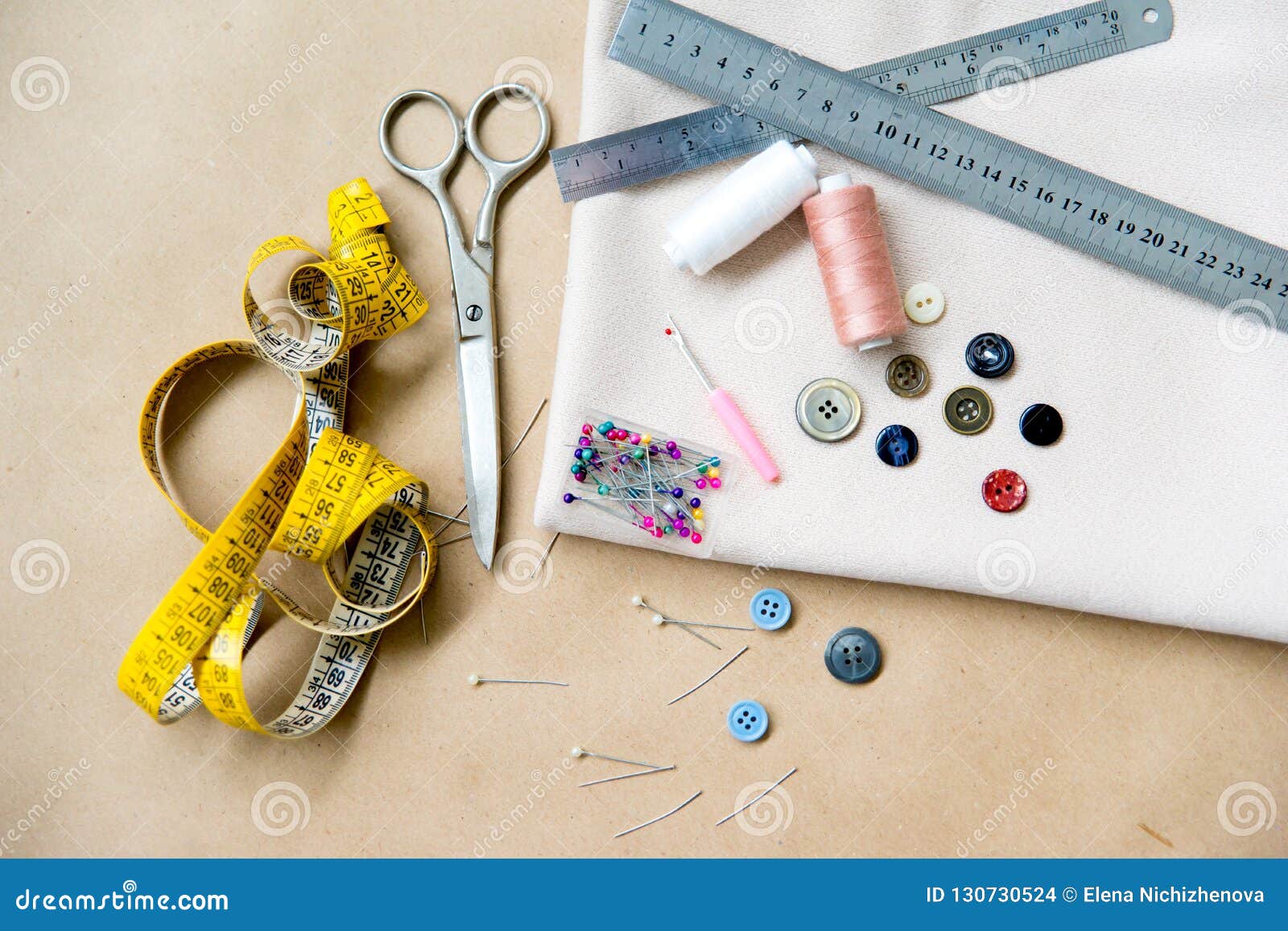 Set of Sewing Tools - Scissors, Needles, Buttons, Thread on a Table ...