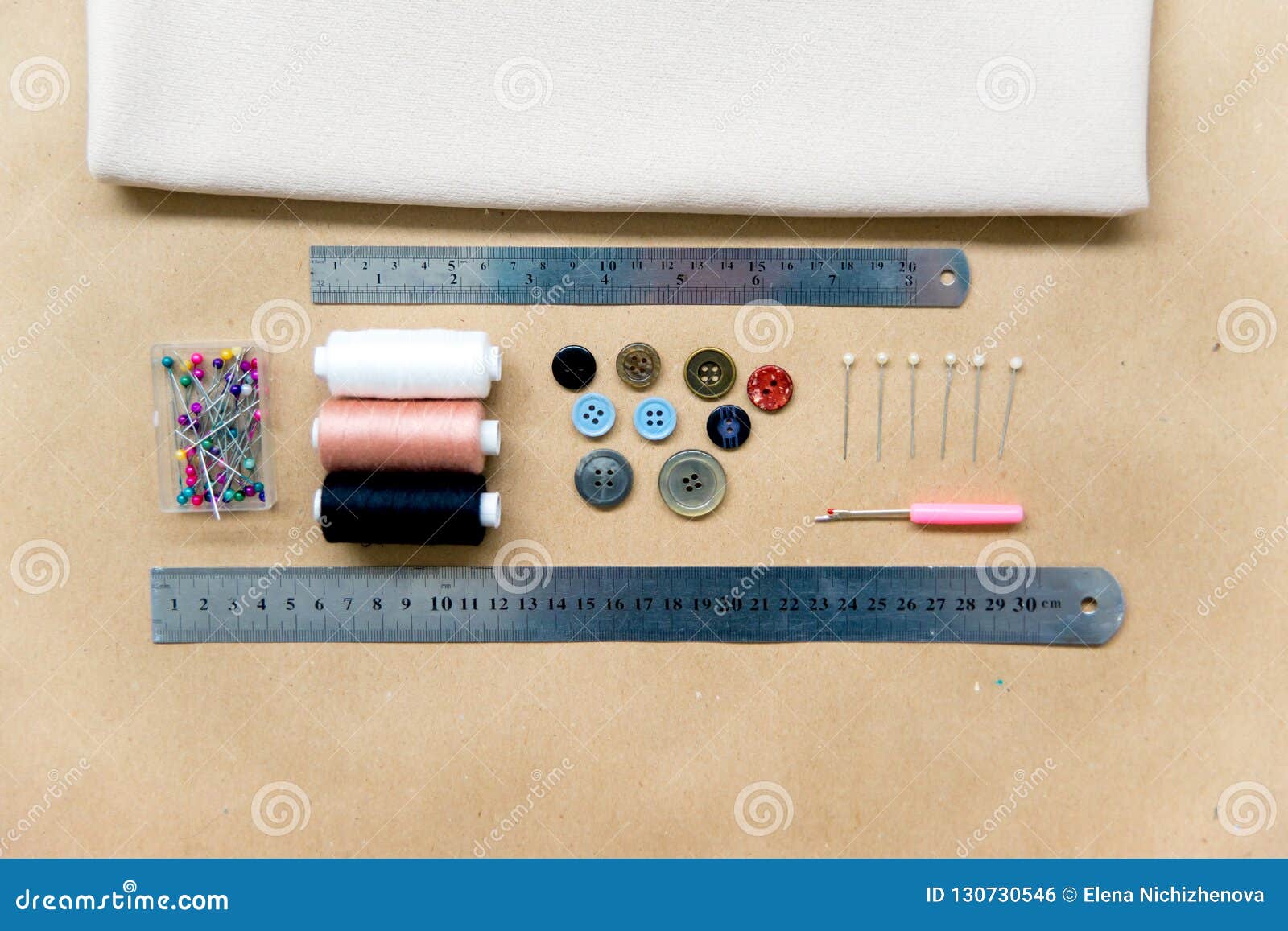 Set of Sewing Tools - Scissors, Needles, Buttons, Thread on a Table ...