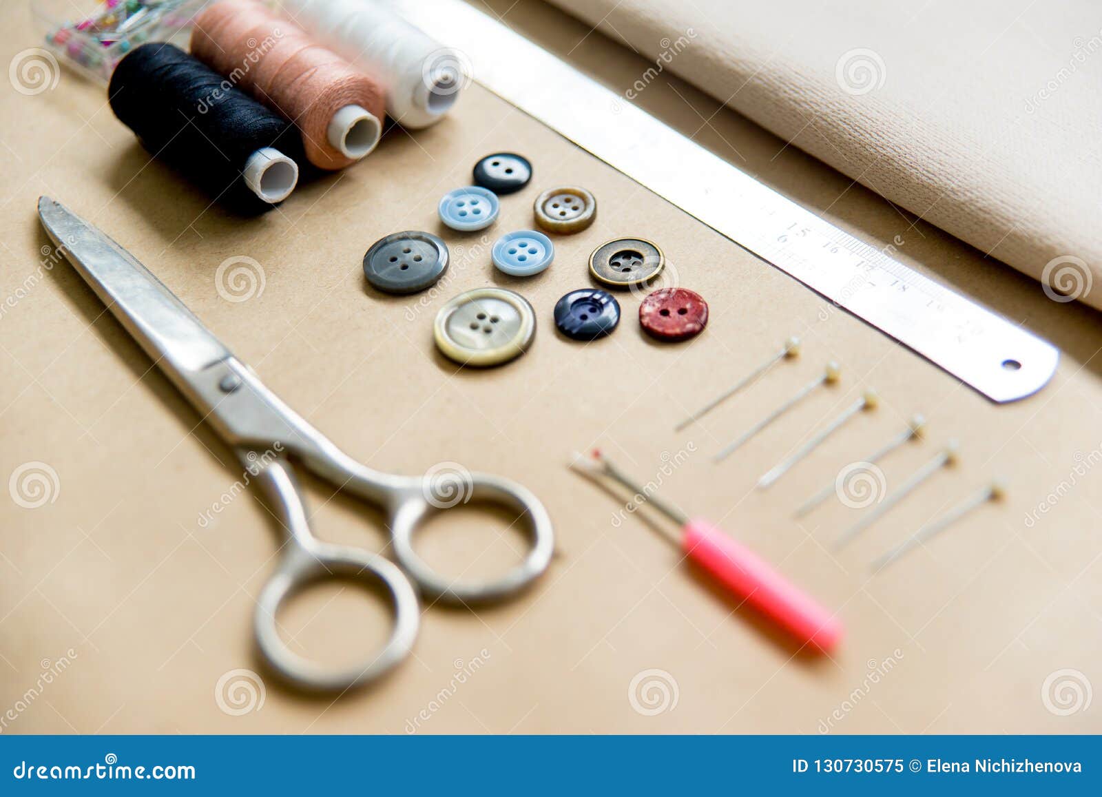 Set of Sewing Tools - Scissors, Needles, Buttons, Thread on a Table ...