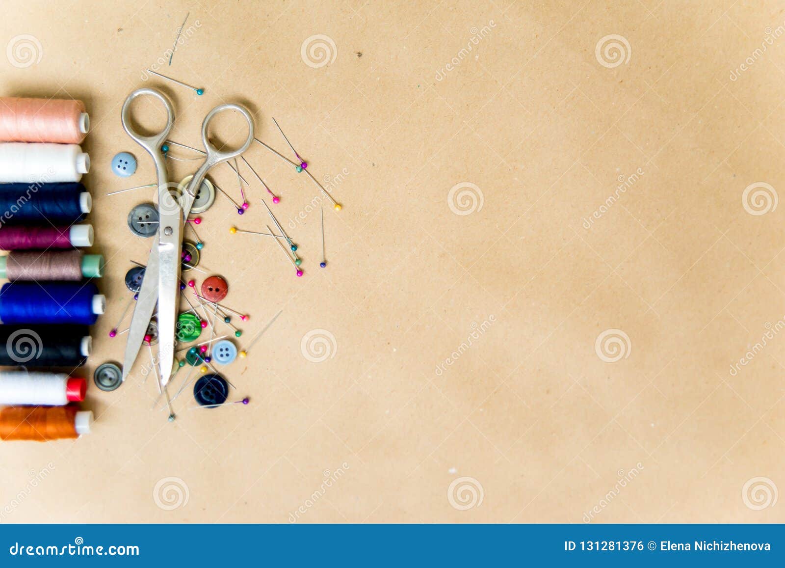 Set of Sewing Tools - Scissors, Needles, Buttons, Thread on a Table ...