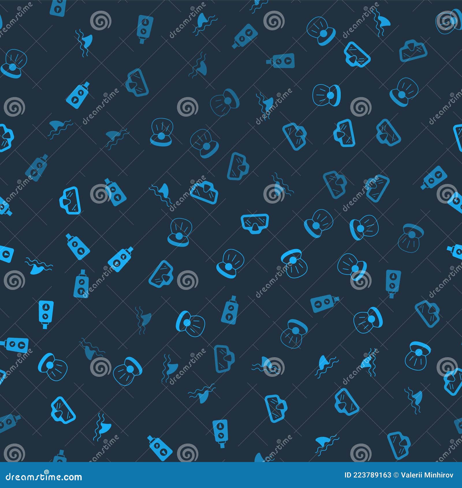 Set Shark, Pearl, Diving Mask and Gauge Scale on Seamless Pattern ...