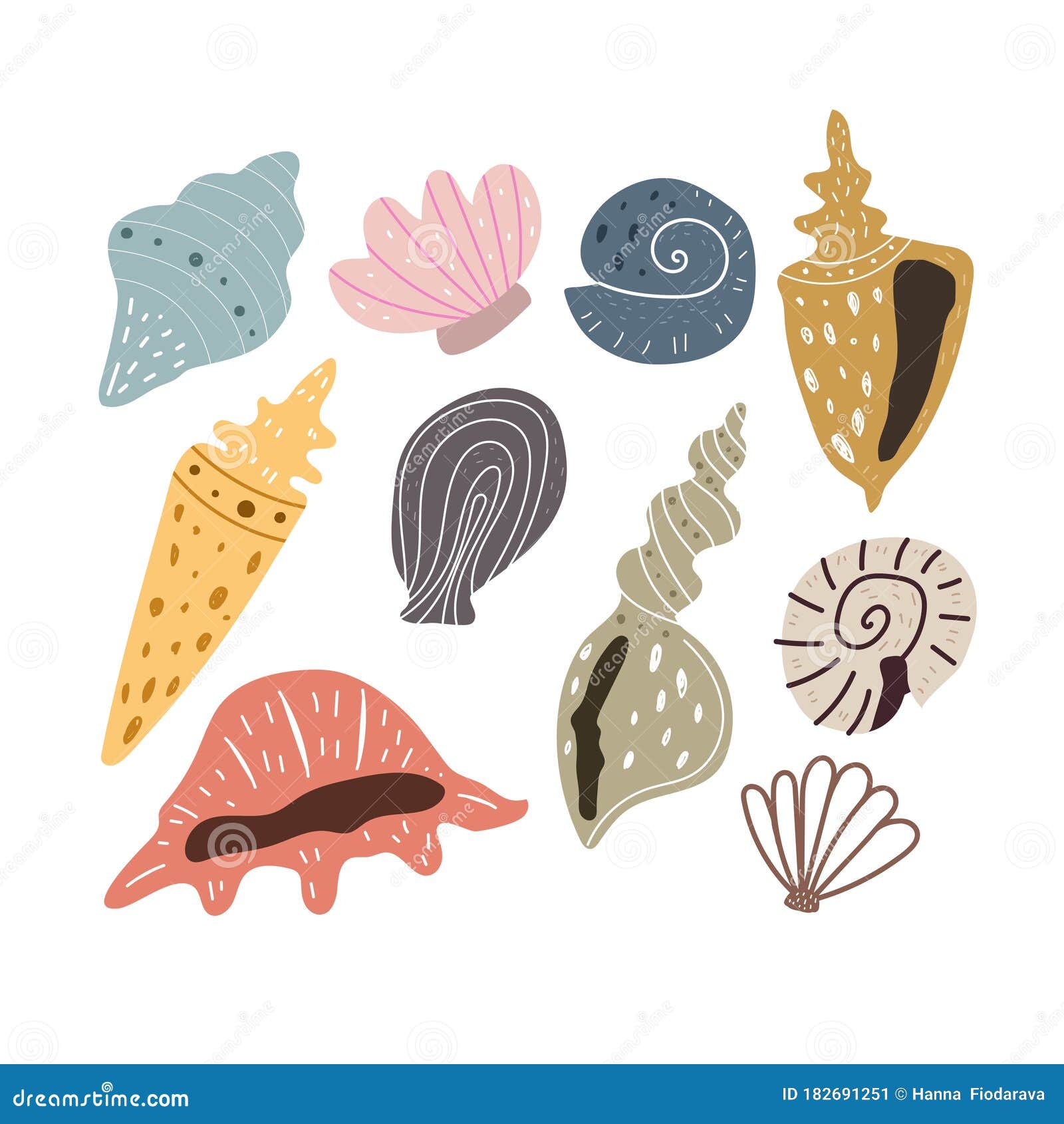 Cartoon Set Shell, Hand Drawing. Colorful Vector Illustration, Flat ...