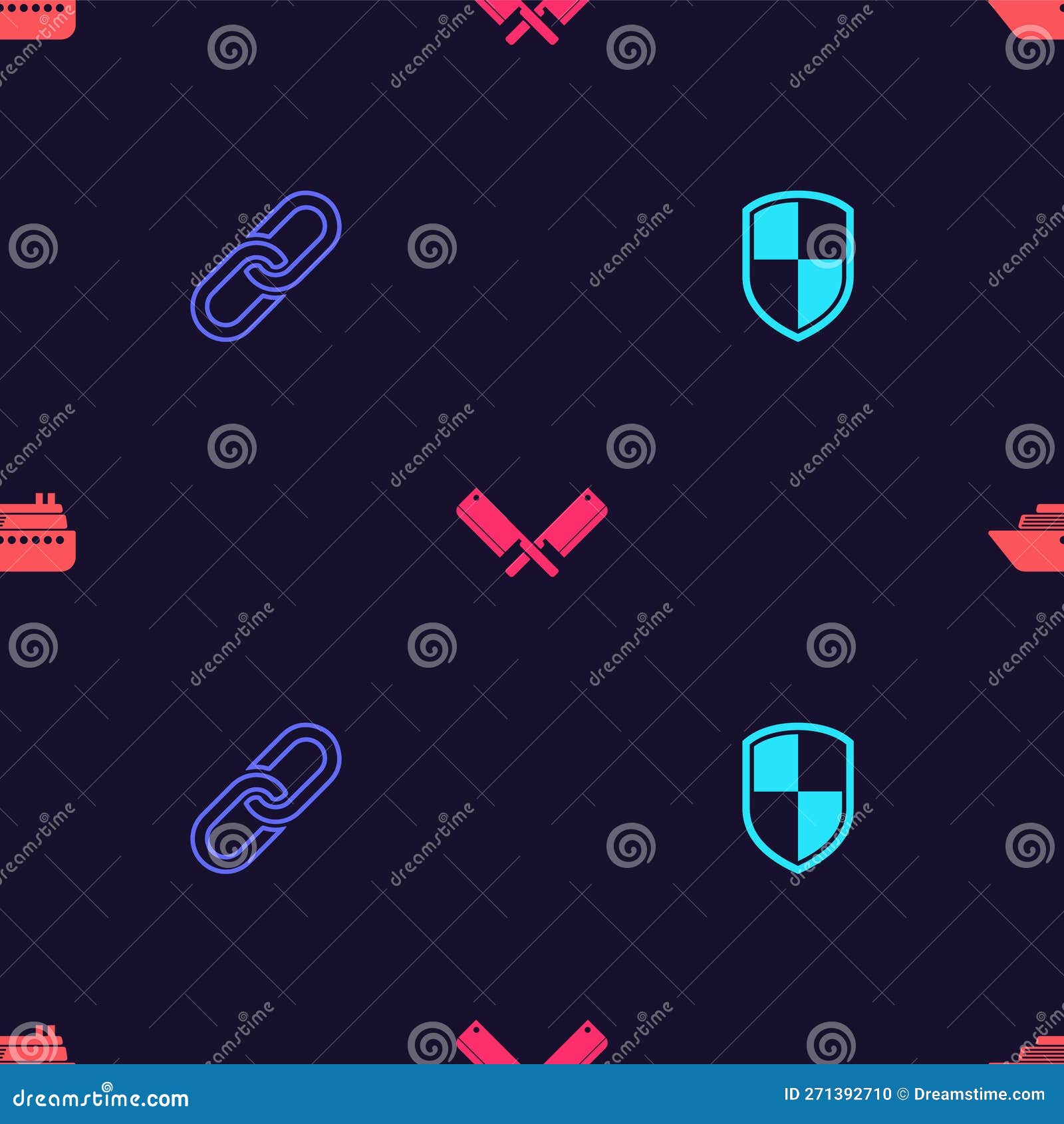 Set Shield, Chain Link, Crossed Meat Chopper and Ship on Seamless ...