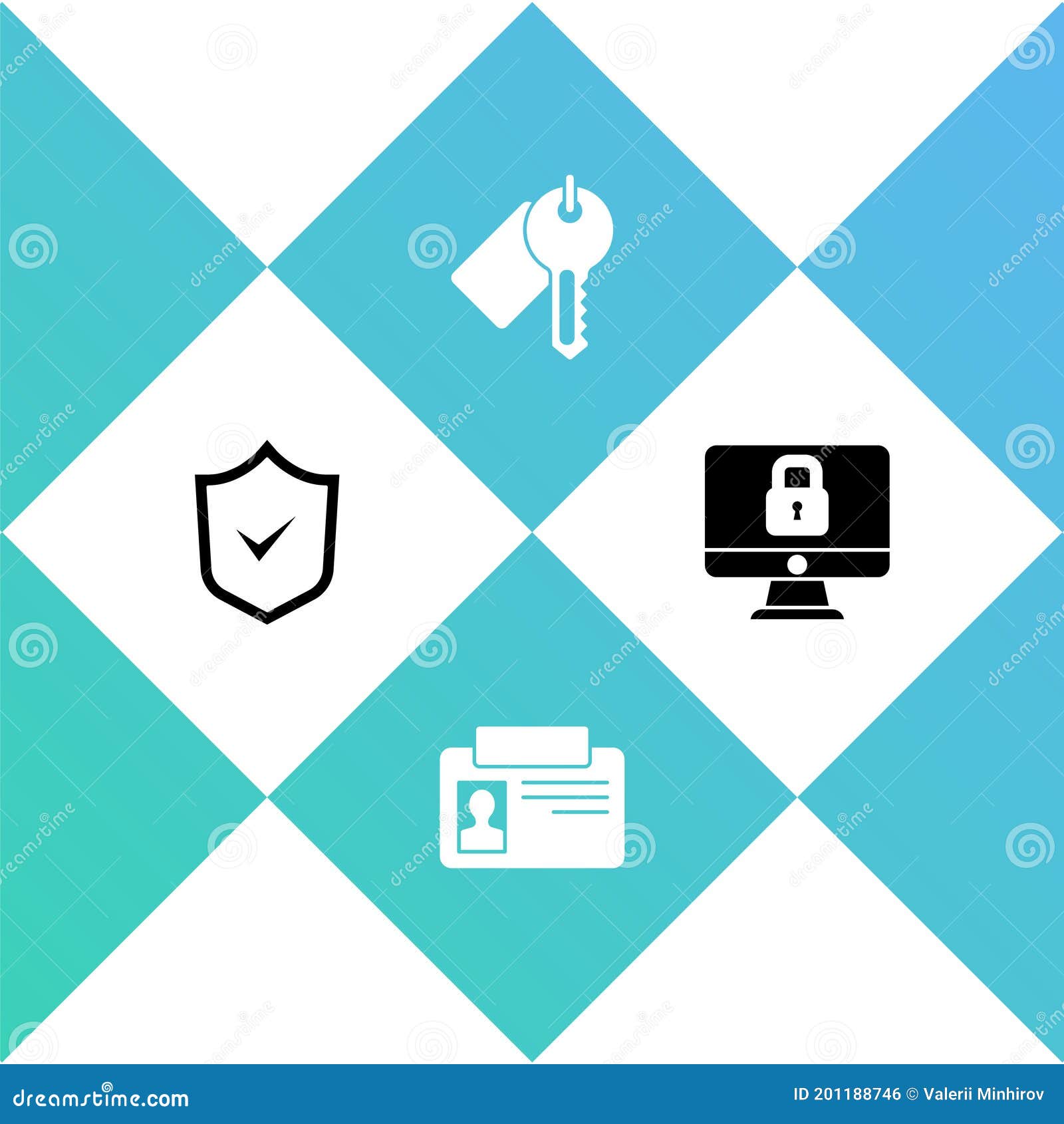 Set Shield with Check Mark, Identification Badge, Marked Key and Lock ...