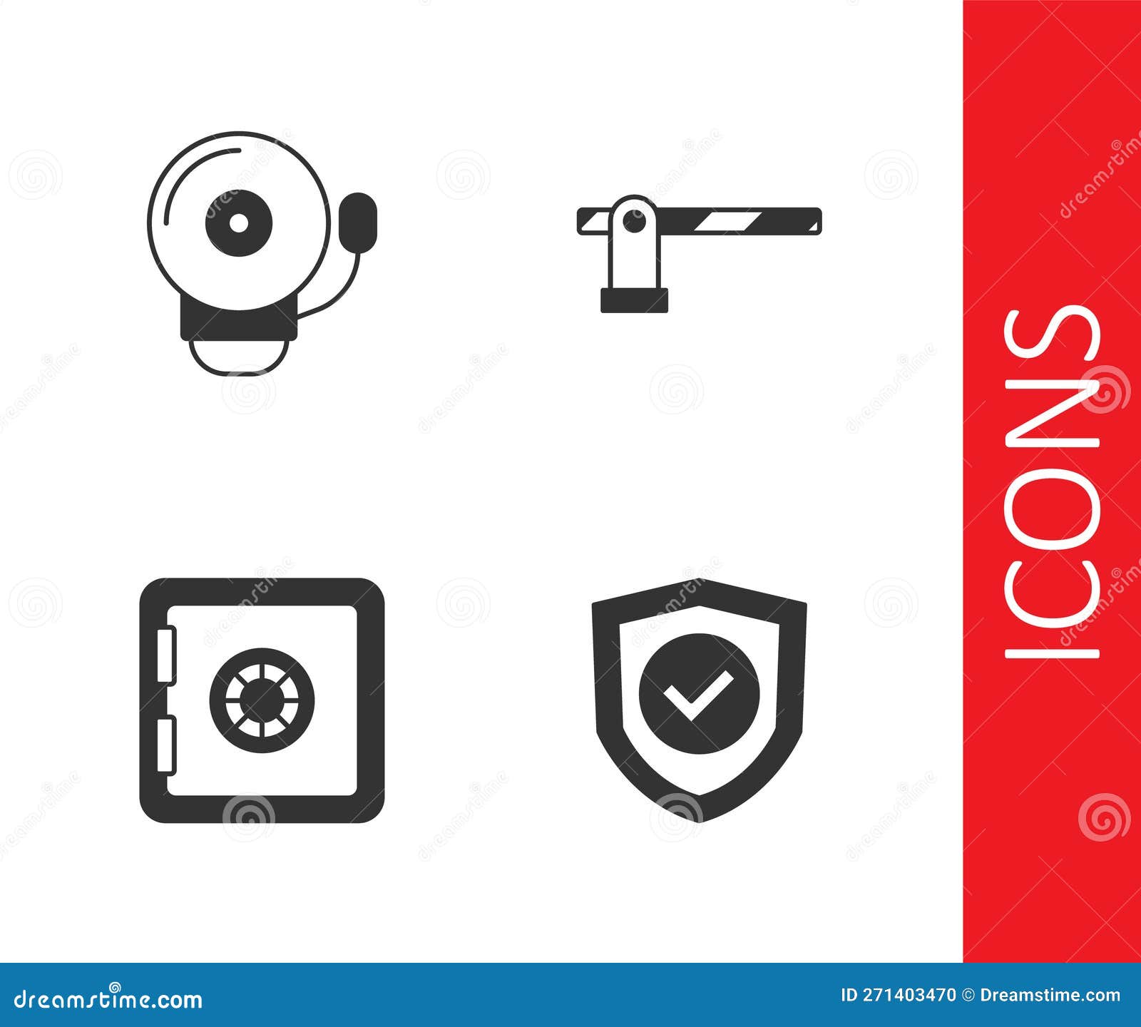 Set Shield with Check Mark, Ringing Alarm Bell, Safe and Parking Car ...