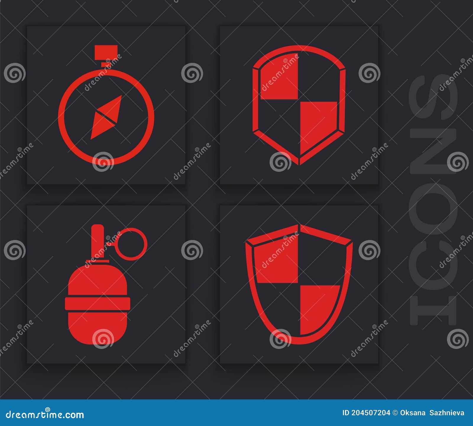 Set Shield, Compass, Shield and Hand Grenade Icon. Vector Stock Vector ...