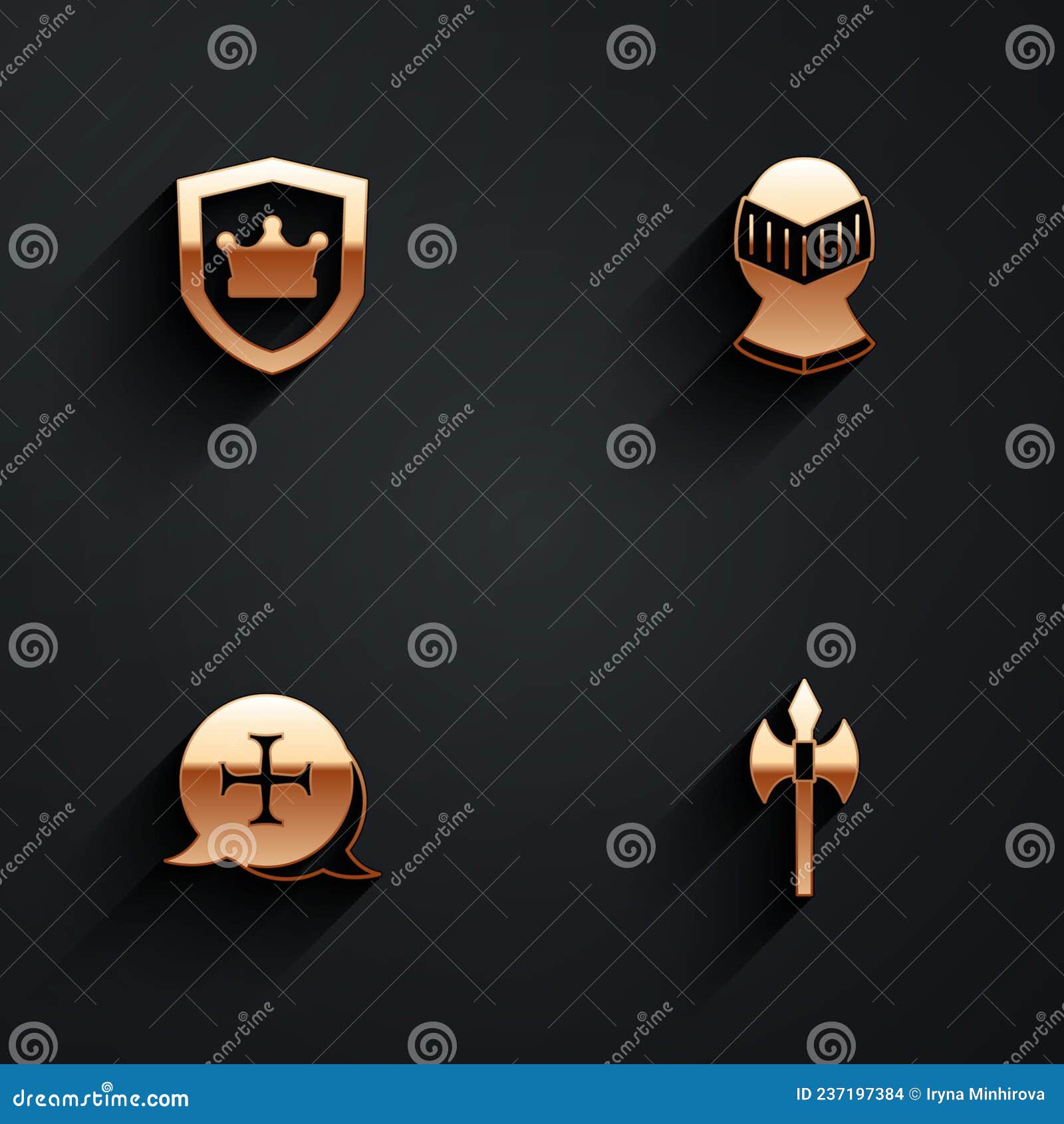 Set Shield with Crown, Medieval Helmet, Crusade and Axe Icon with Long ...