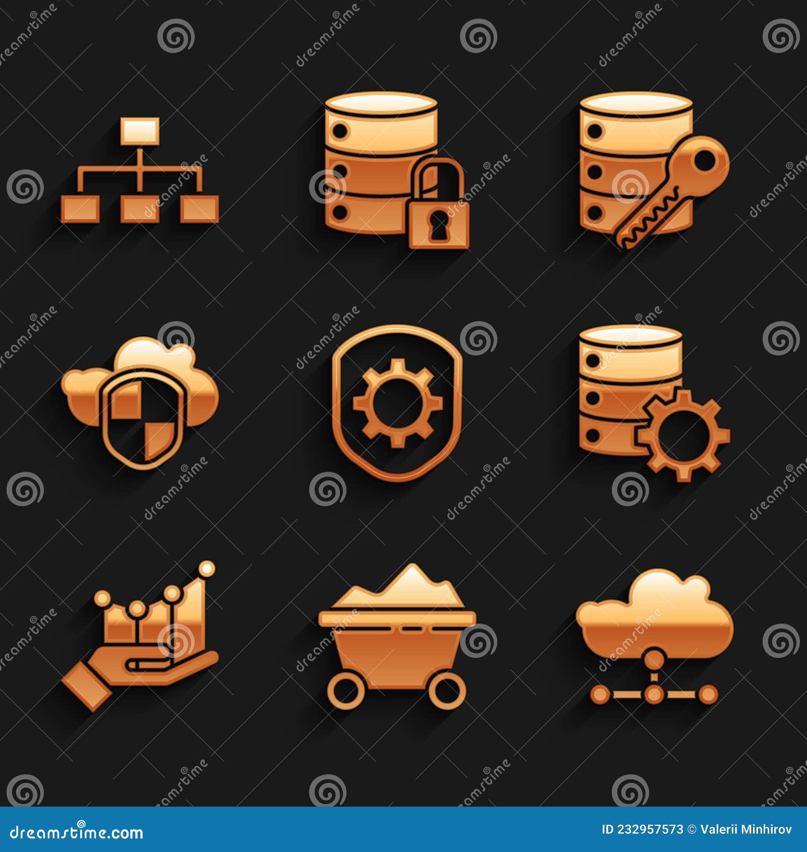 Set Shield with Settings Gear, Coal Mine Trolley, Network Cloud ...