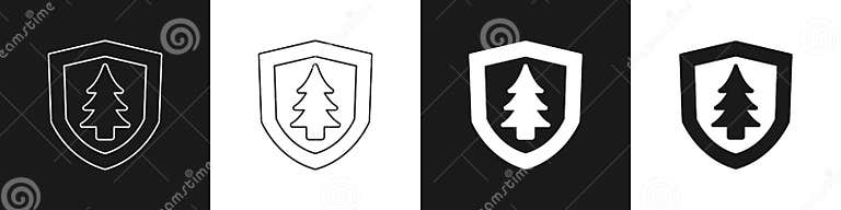 Set Shield with Tree Icon Isolated on Black and White Background. Eco ...