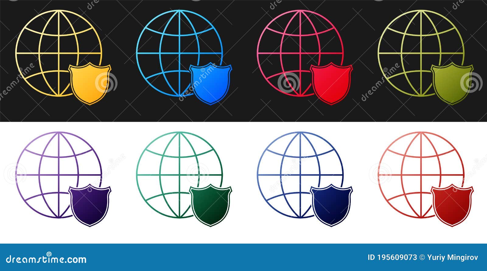 Set Shield with World Globe Icon Isolated on Black and White Background ...