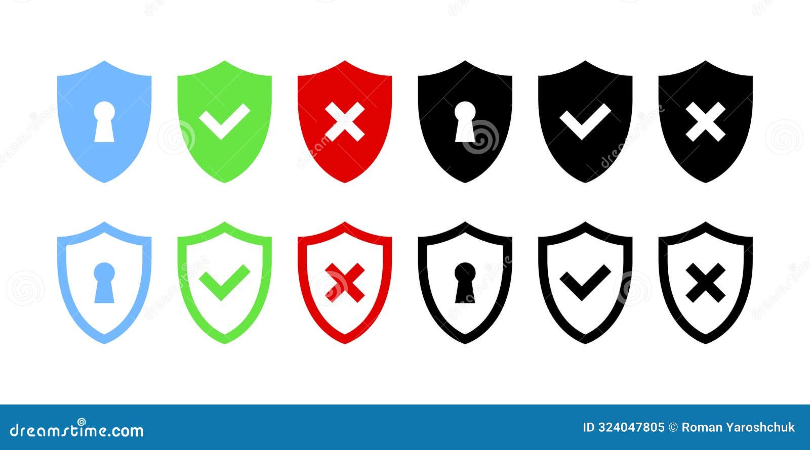 Shields And Check Marks Icons Isometric Set. Red And Green Shield With ...