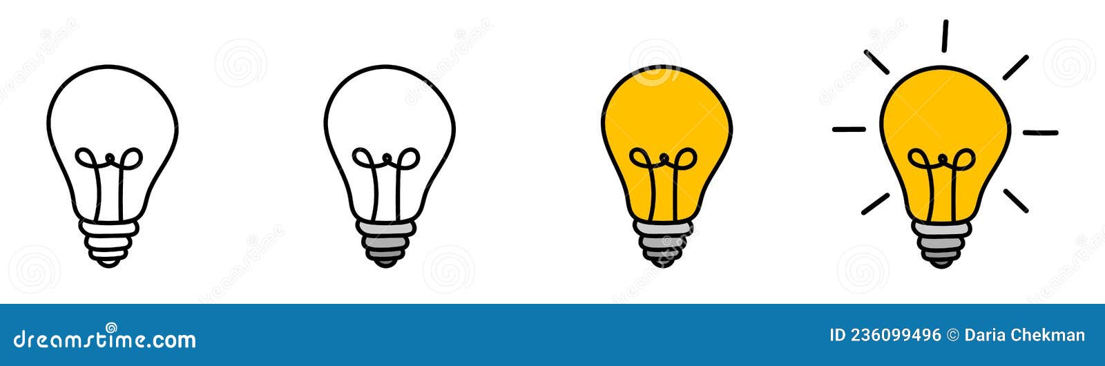 Set of Shining Light Bulb with Rays. Cartoon Style. Flat Style. Hand ...