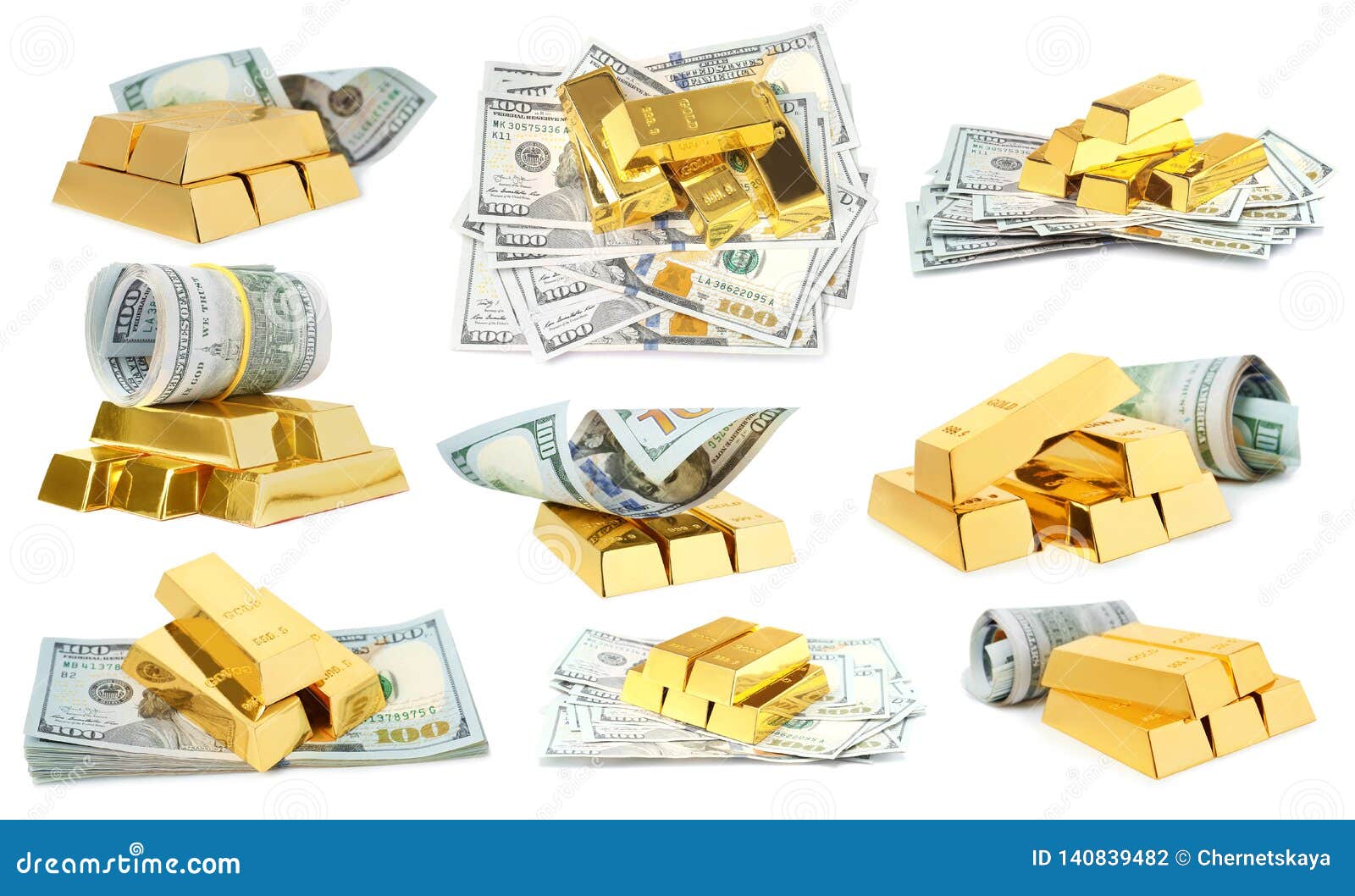 Set of Shiny Gold Bars and Dollar Banknotes Stock Photo - Image of ...