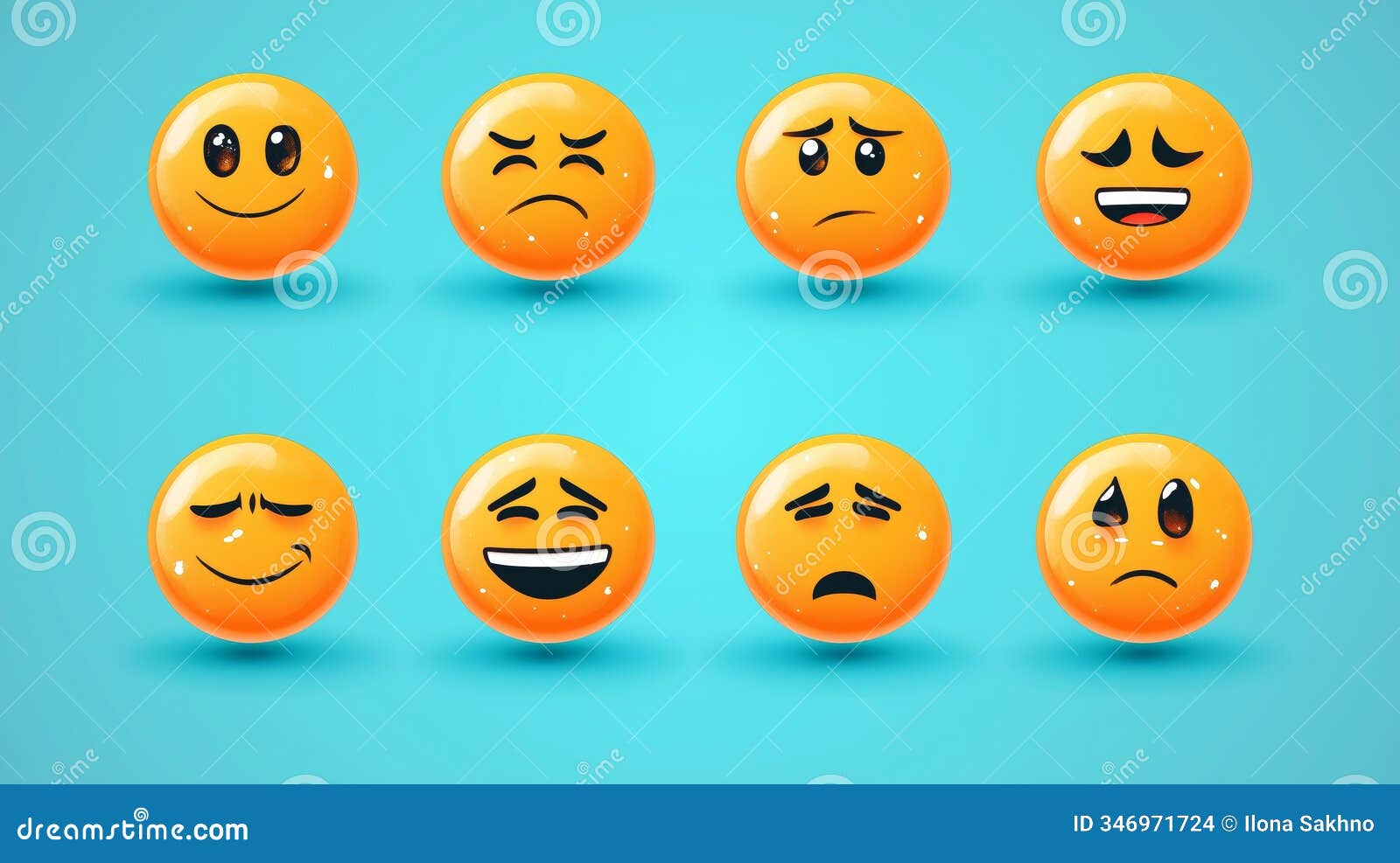 Set of Shiny Orange Emoticons Expressing Different Emotions on a Blue ...